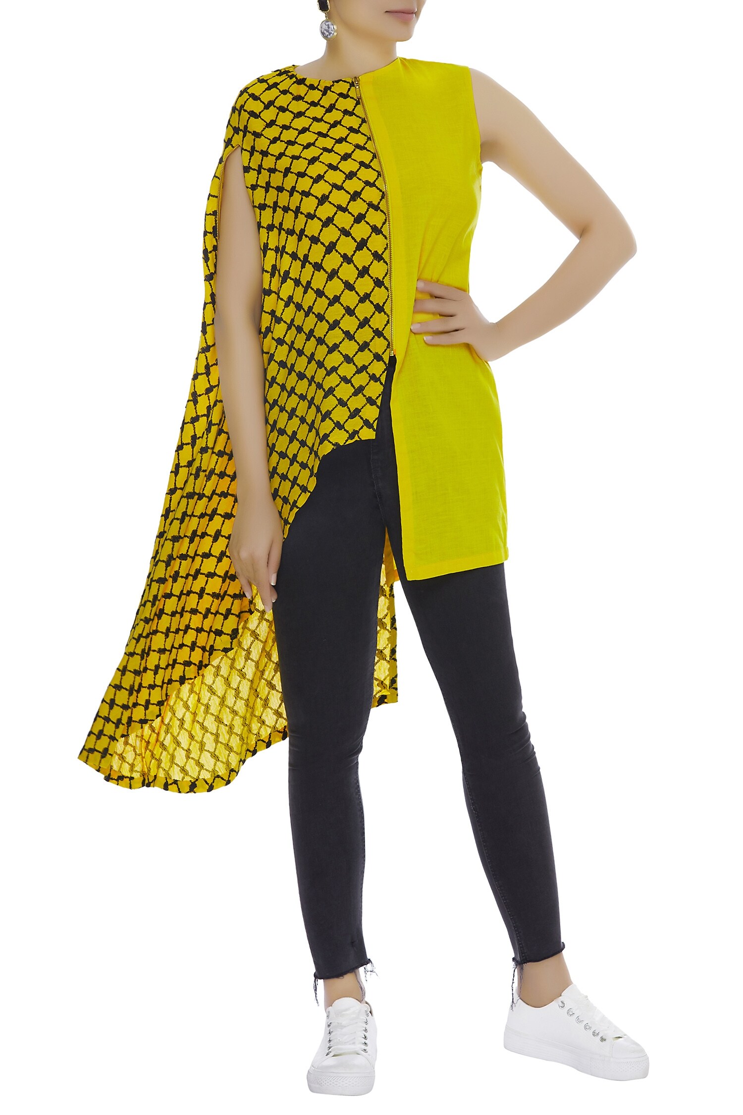 Buy Fahd Khatri Yellow Half And Half Style Front Zipper Tunic Online ...