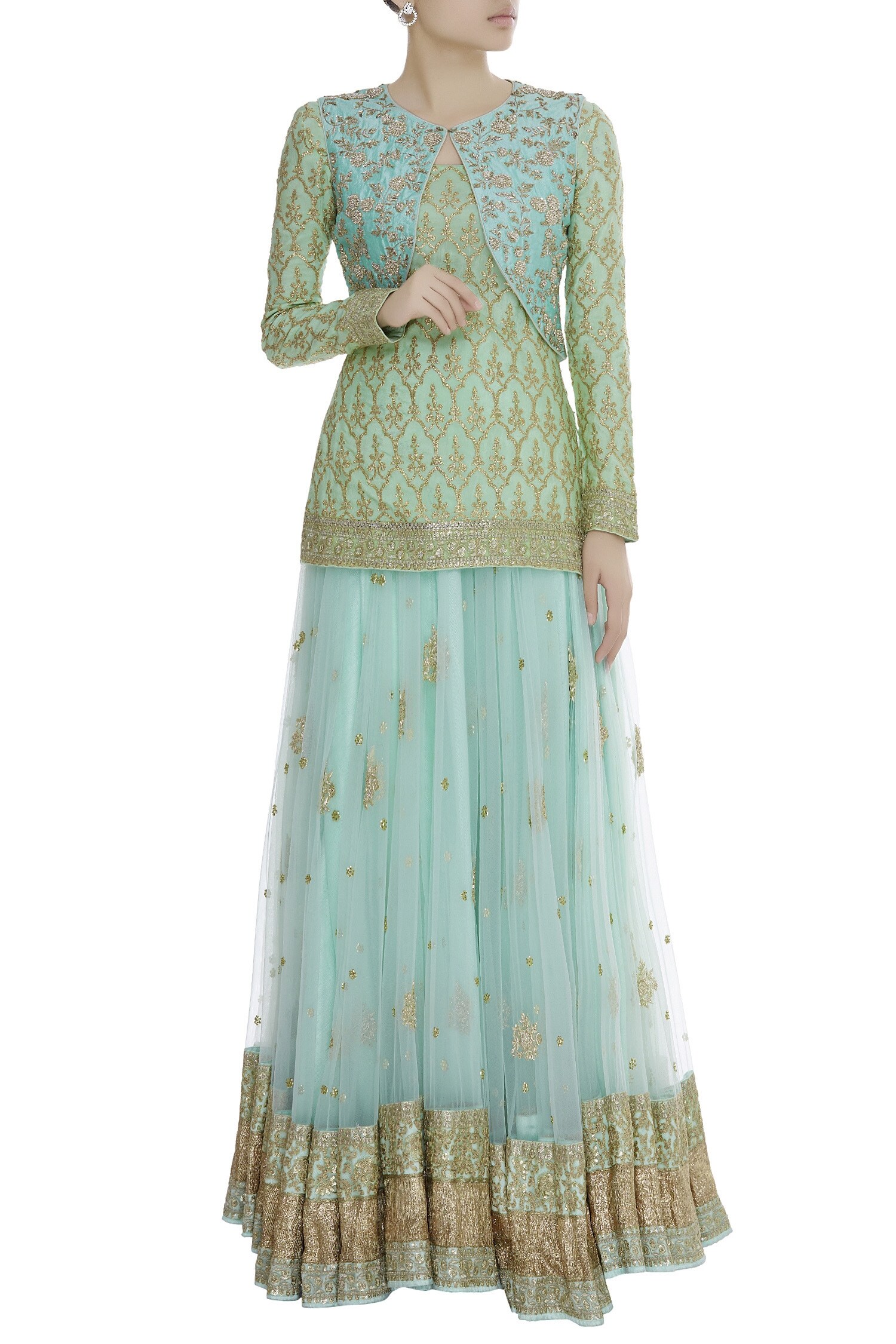 Buy Vikram Phadnis Blue Jaal Embroidered Bundi Lehenga Set Online | Aza ...