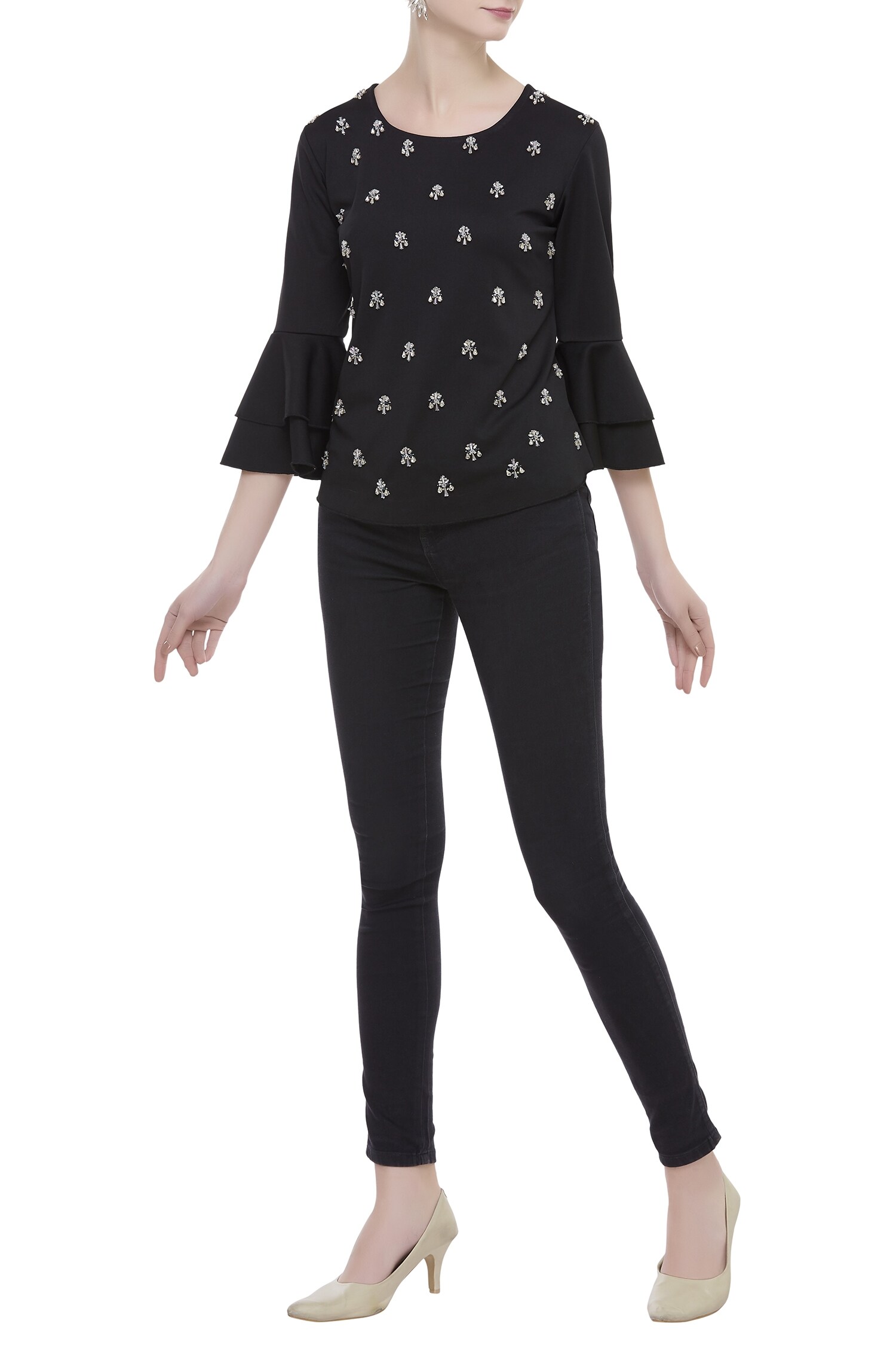 Buy Vikram Phadnis Black Embroidered Bell Sleeve Top Online | Aza Fashions