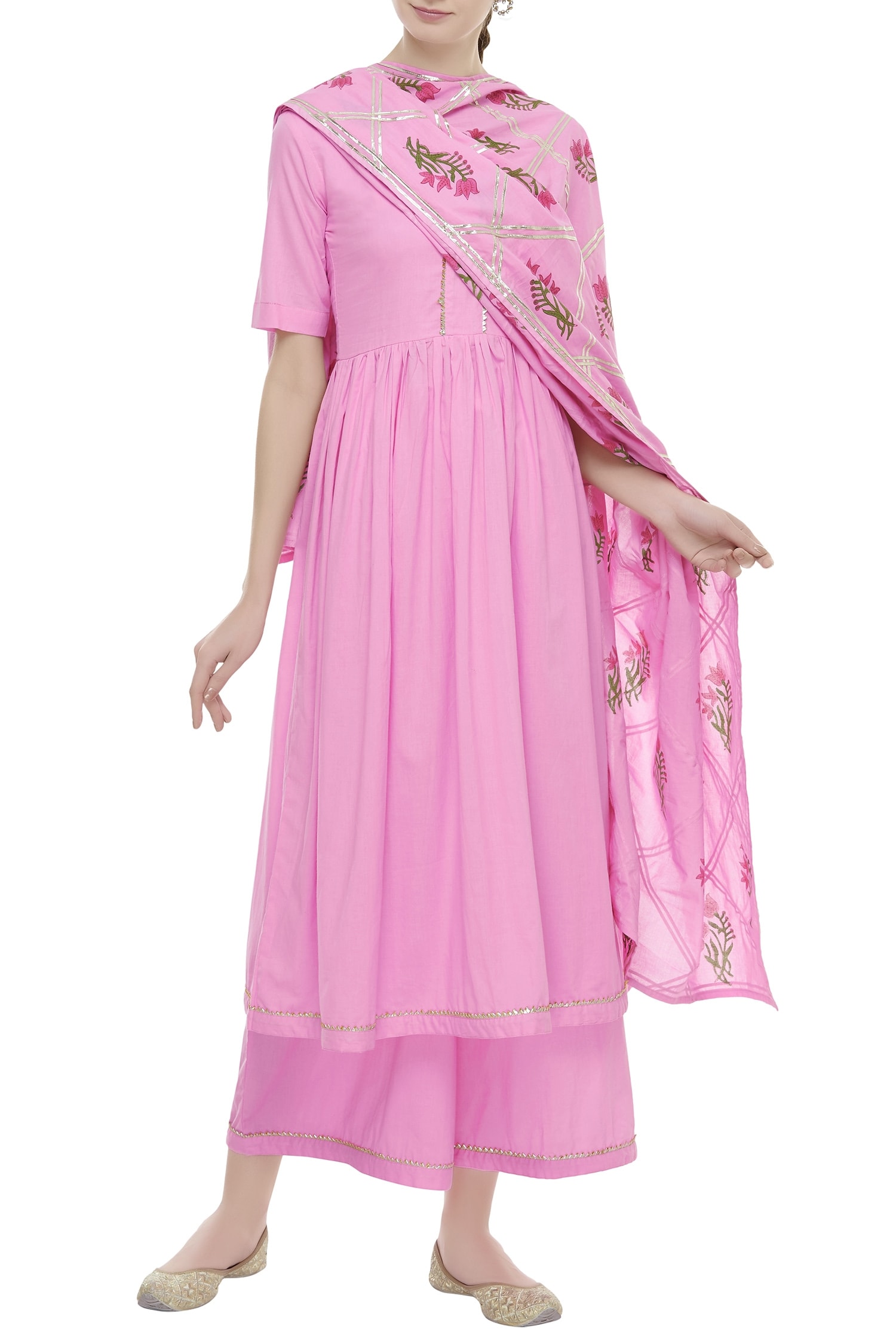 Buy Pink Pure Cambric Cotton Leaf Neck Anarkali And Palazzo Set For ...