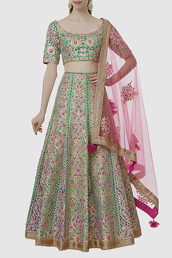 Buy Shyam Narayan Prasad Green Brocade Embroidered Lehenga Set Online ...