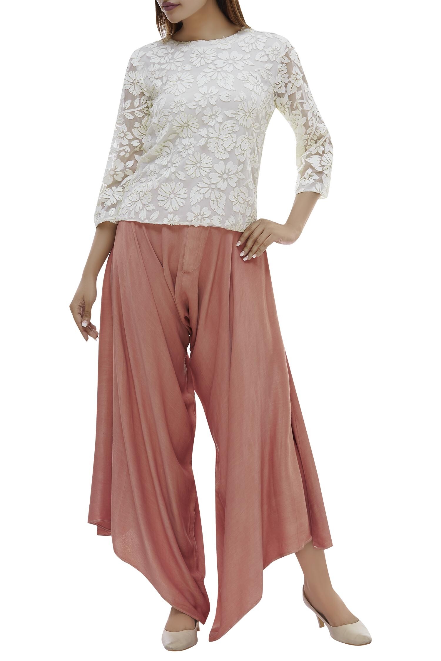 Buy Nautanky White Net Top With Draped Pants Online | Aza Fashions