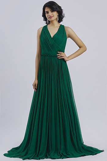 Buy Swatee Singh Green Pleated Sleeveless Gown Online | Aza Fashions