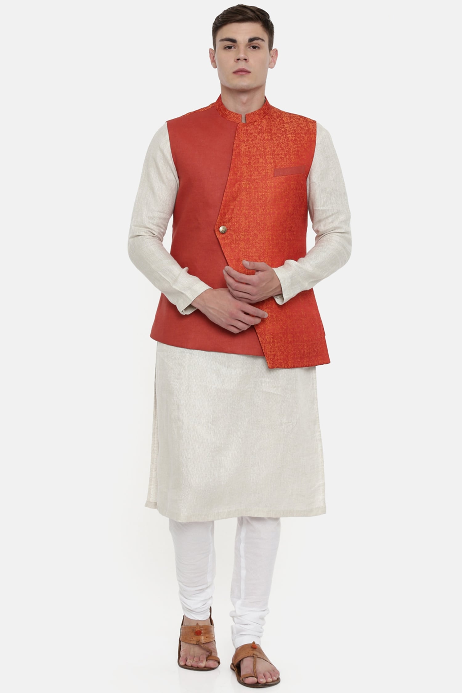 Buy Mayank Modi - Men Orange Linen Bundi Online | Aza Fashions