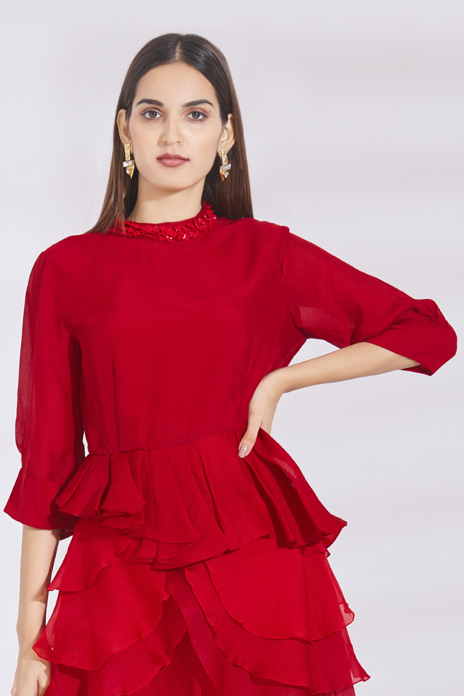 Buy Red Chiffon Round Asymmetric Ruffle Top For Women by Shriya Som ...