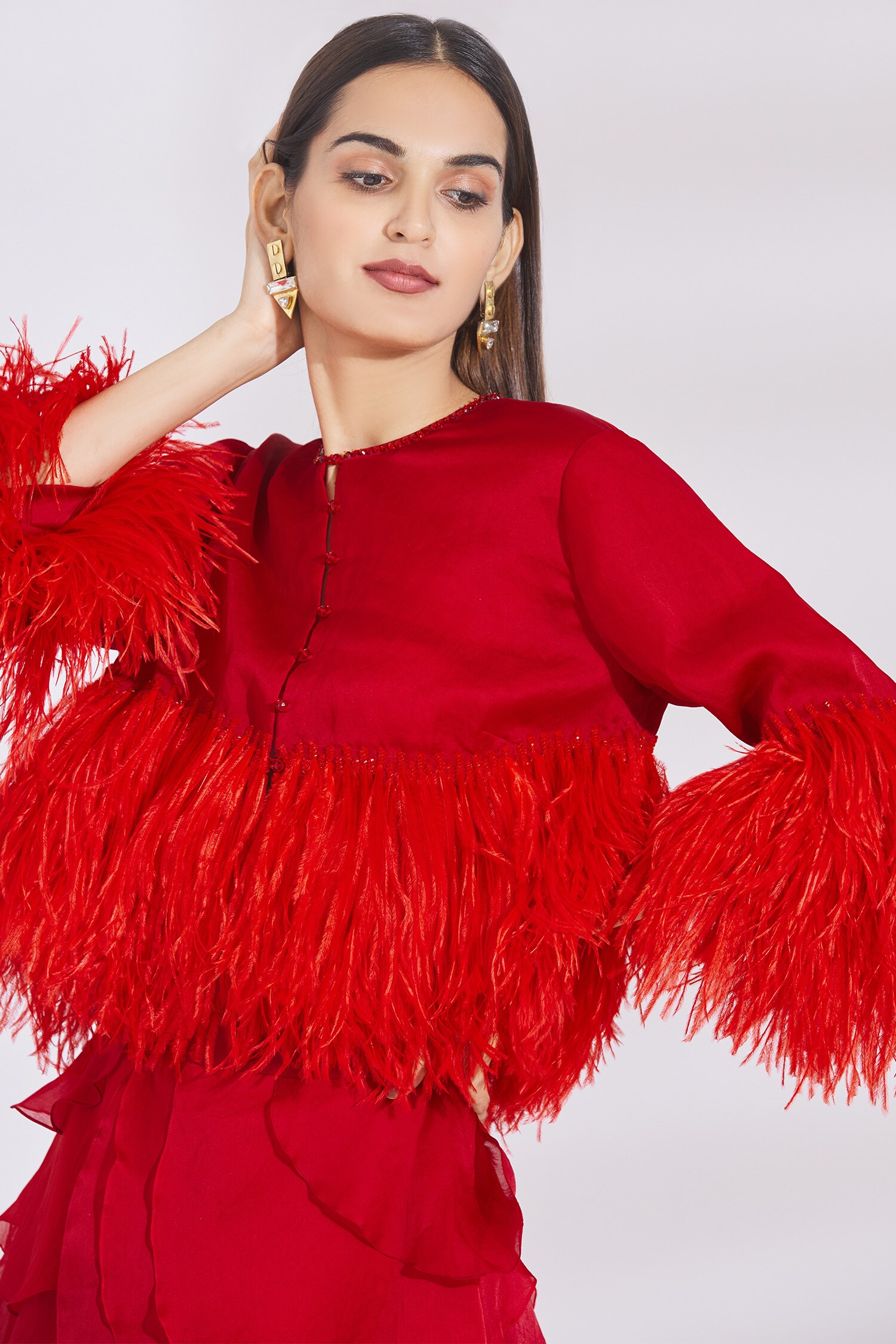 Buy Shriya Som Red Chiffon Faux Feather Blouse Online | Aza Fashions