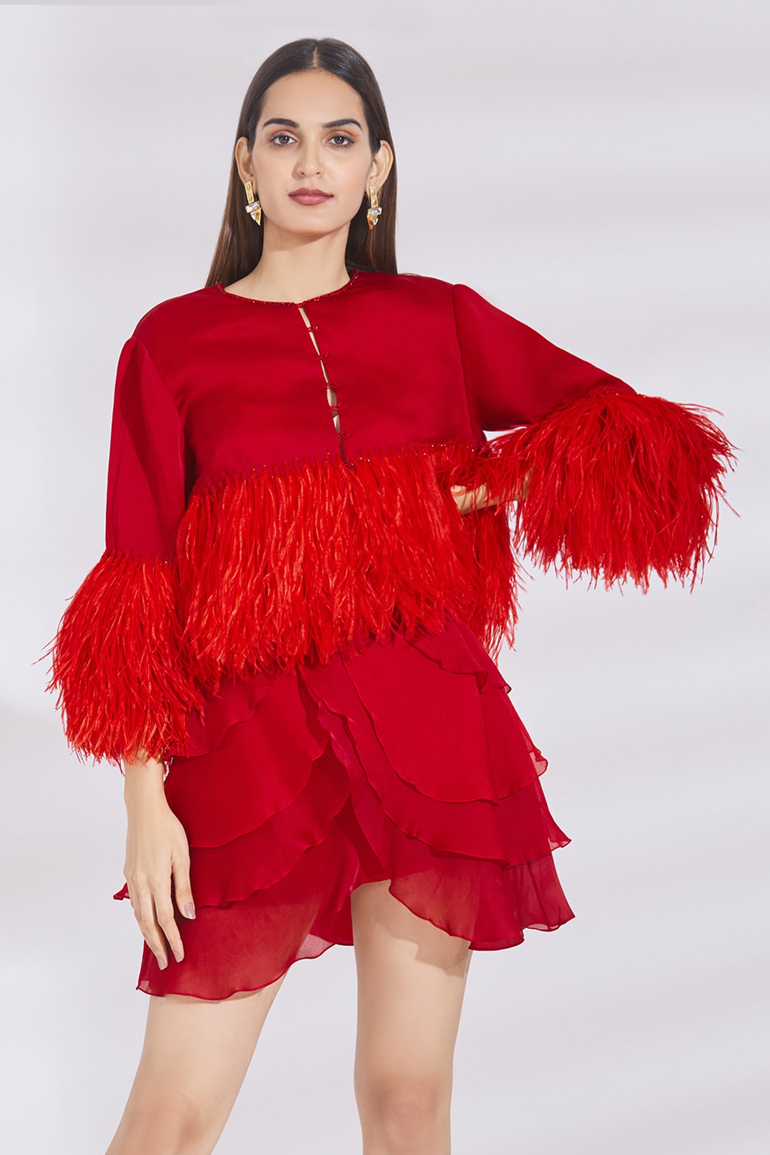 Buy Red Chiffon Round Faux Feather Blouse For Women by Shriya Som ...