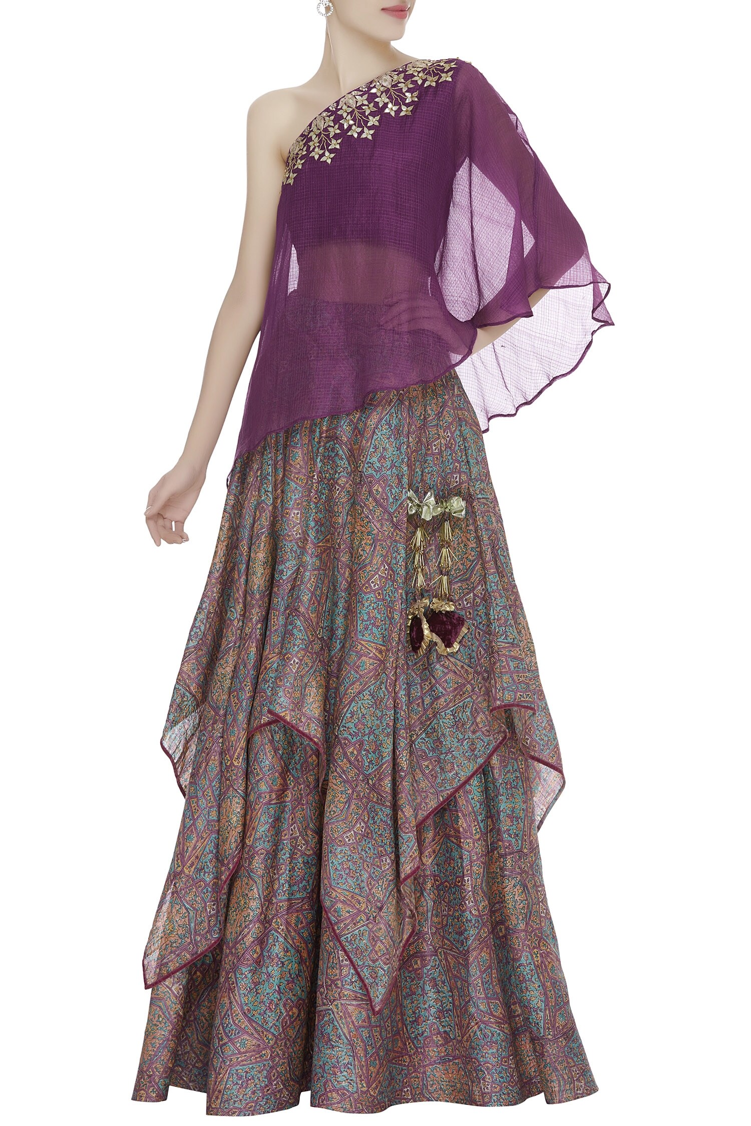 Buy Shuchi VC One Shoulder Embroidered Top With Printed Layered Lehenga ...