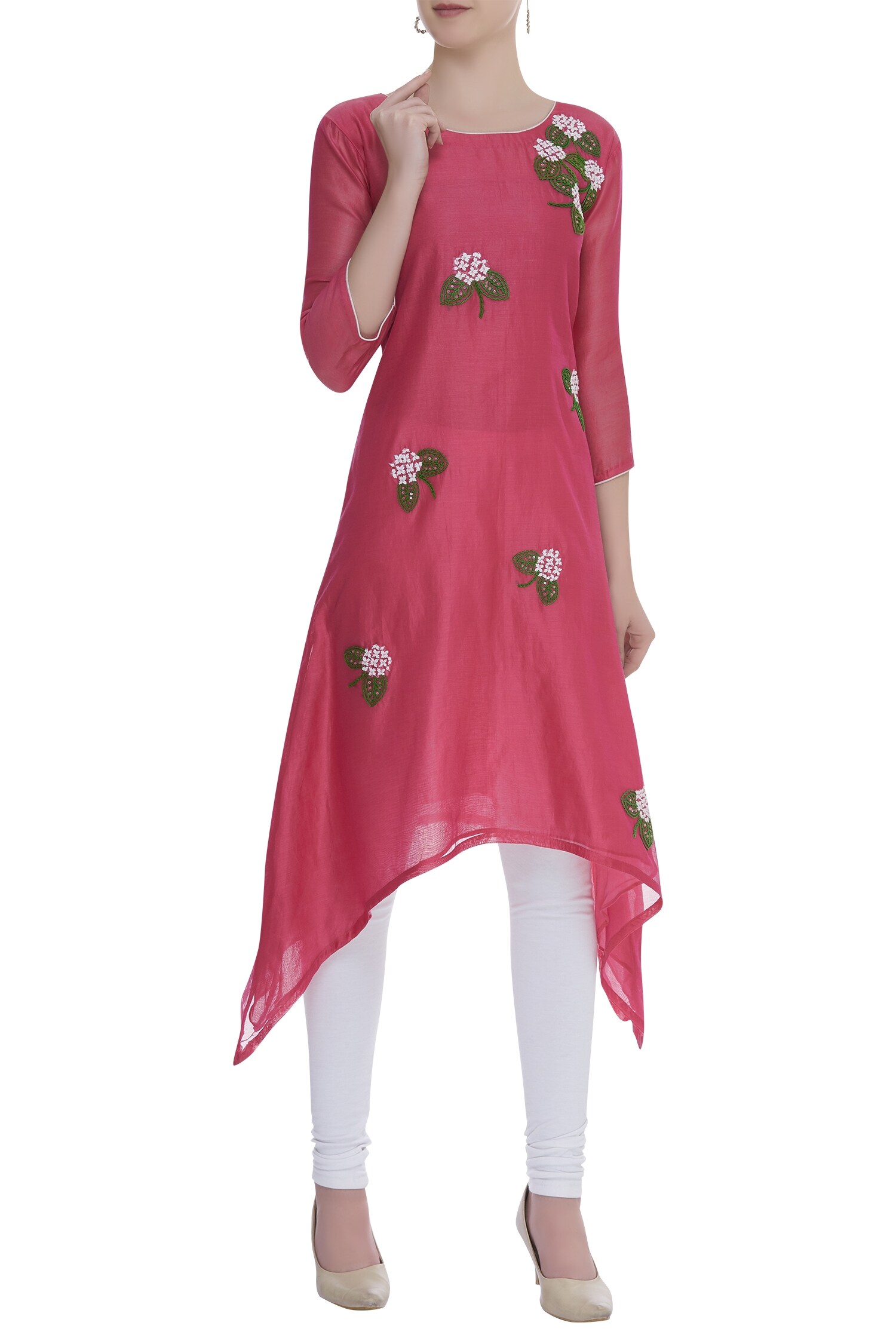 Buy Ekam By Manish Pink Flower Embroidered Asymmetric Tunic Online ...