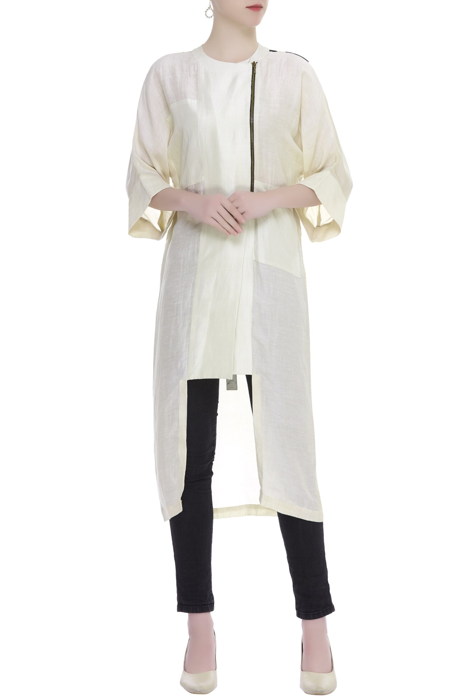 Buy Ezra Off White Overlap Zipper Jacket Tunic Online | Aza Fashions