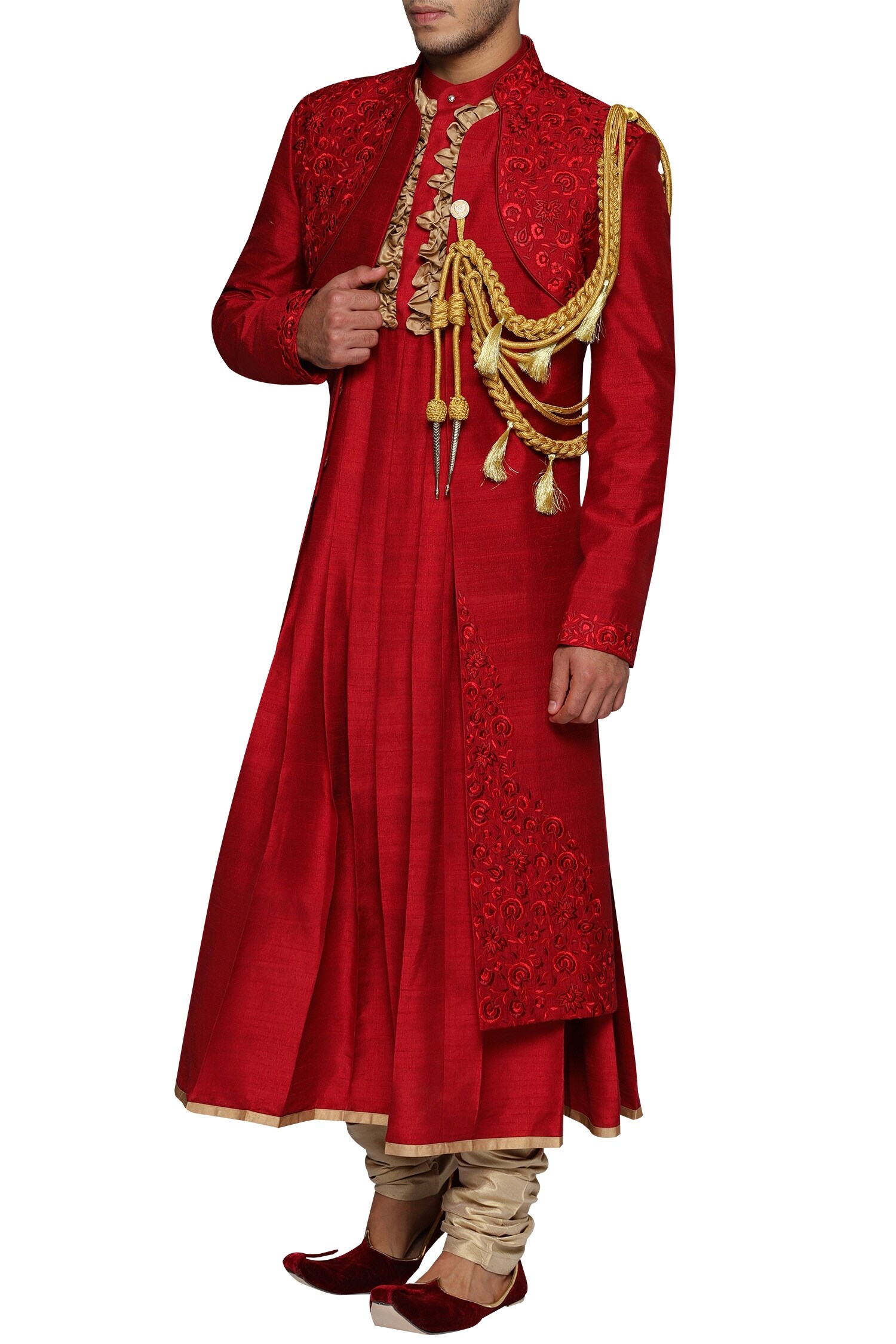 Buy Paresh Lamba Embroidered Open Sherwani With Kurta And Churidaar ...