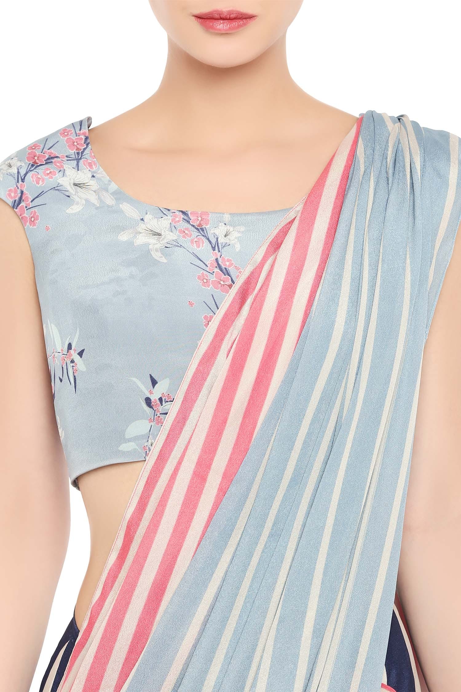 Buy Soup by Sougat Paul Blue Crepe Striped Saree With Blouse Online ...