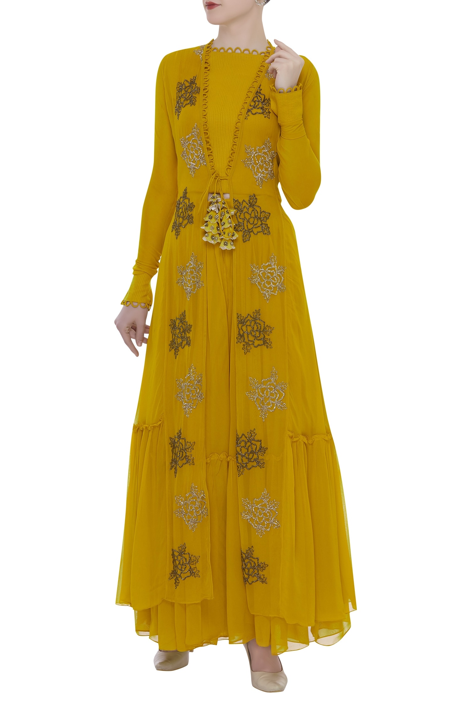 Buy Yellow Embellished Jacket Sharara Set For Women by Aksh Online at ...