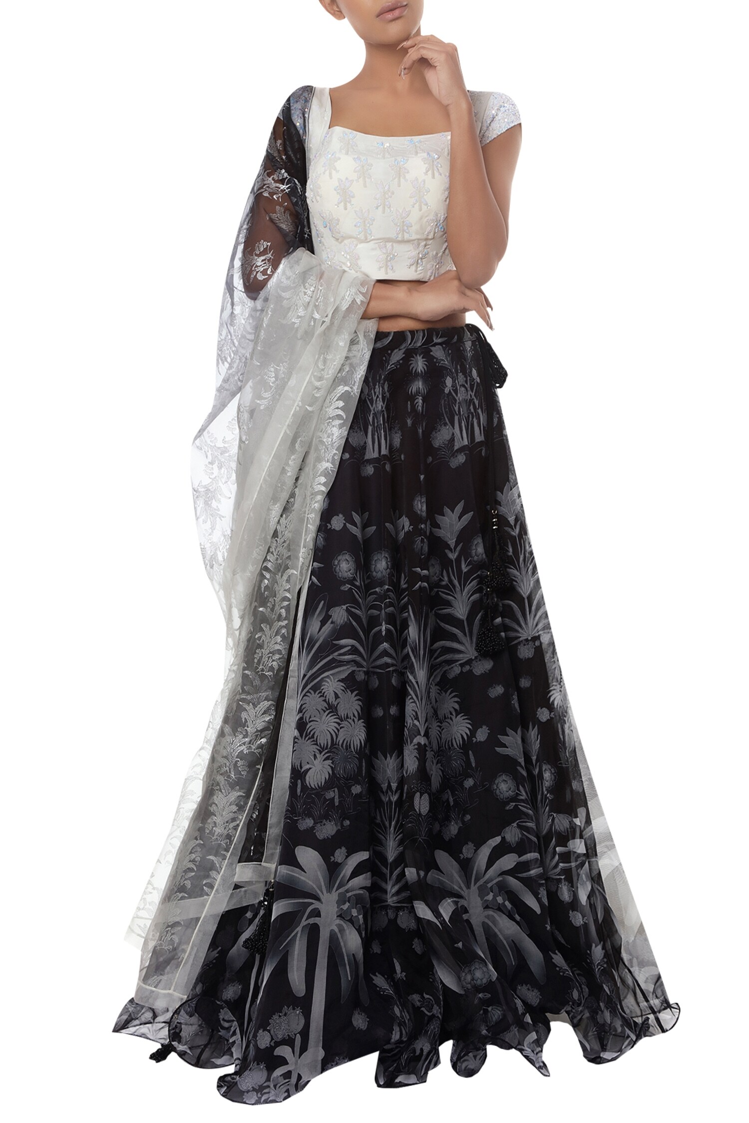 Buy Masaba Black Embroidered Blouse With Lehenga And Dupatta Online ...