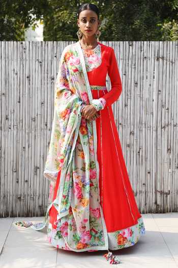 Buy Pink Georgette Embroidery Sequins Round Neck Anarkali With Dupatta ...
