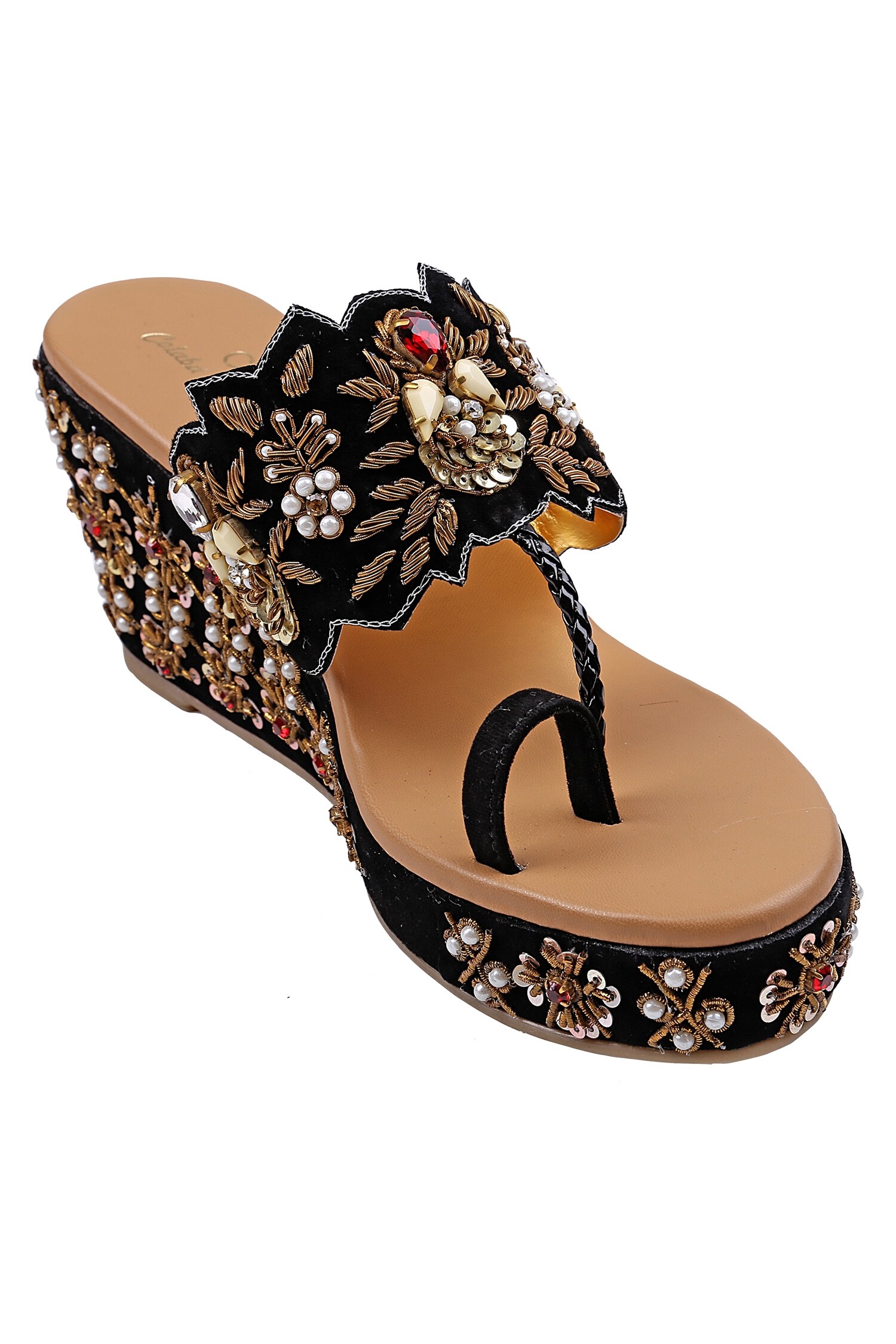 Buy Black Embroidered Wedges by Colaba Causeway Online at Aza Fashions.