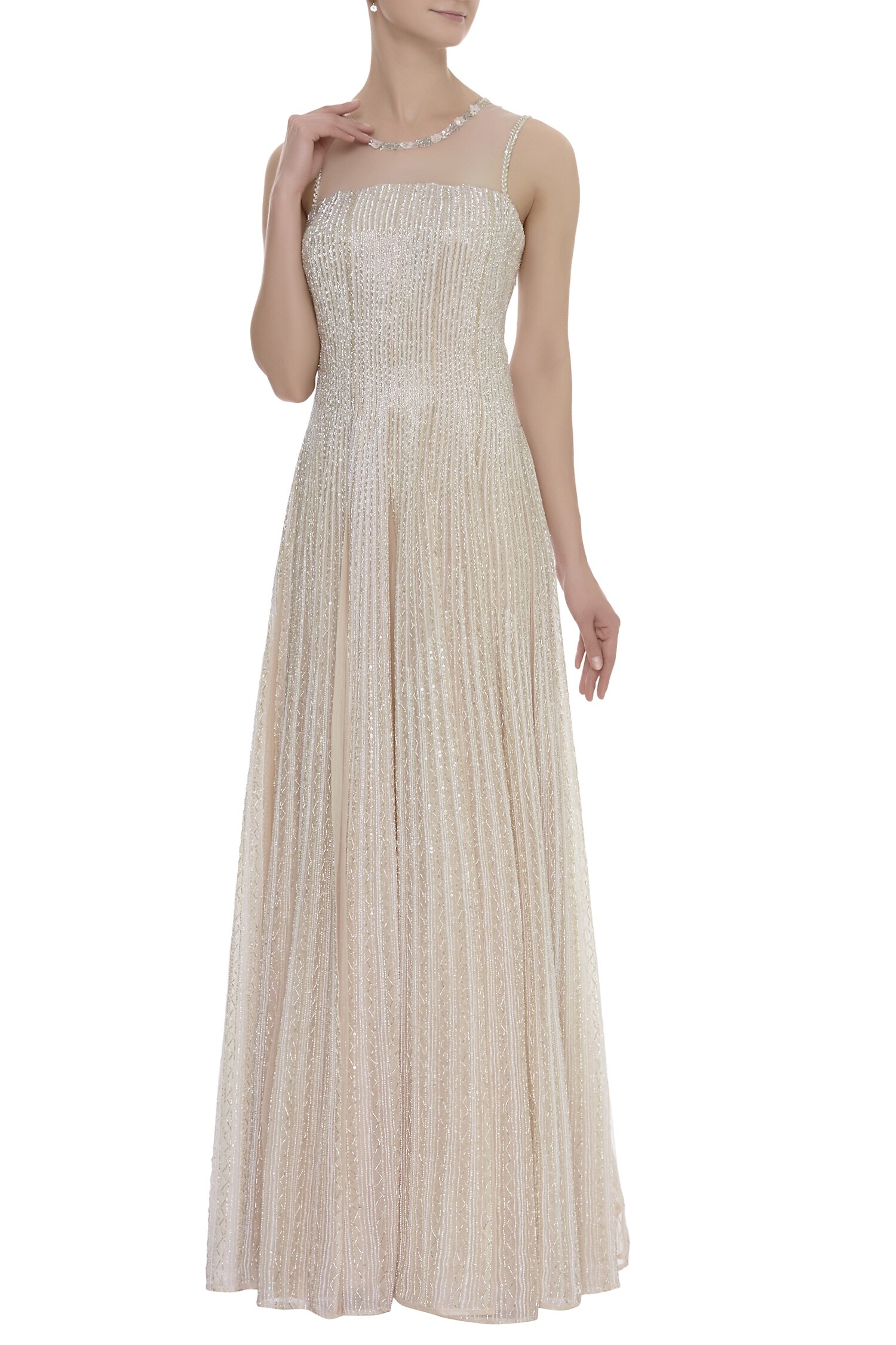 Buy Peach Net Embroidery Sequin Square Neck Sheer Neckline Gown For ...