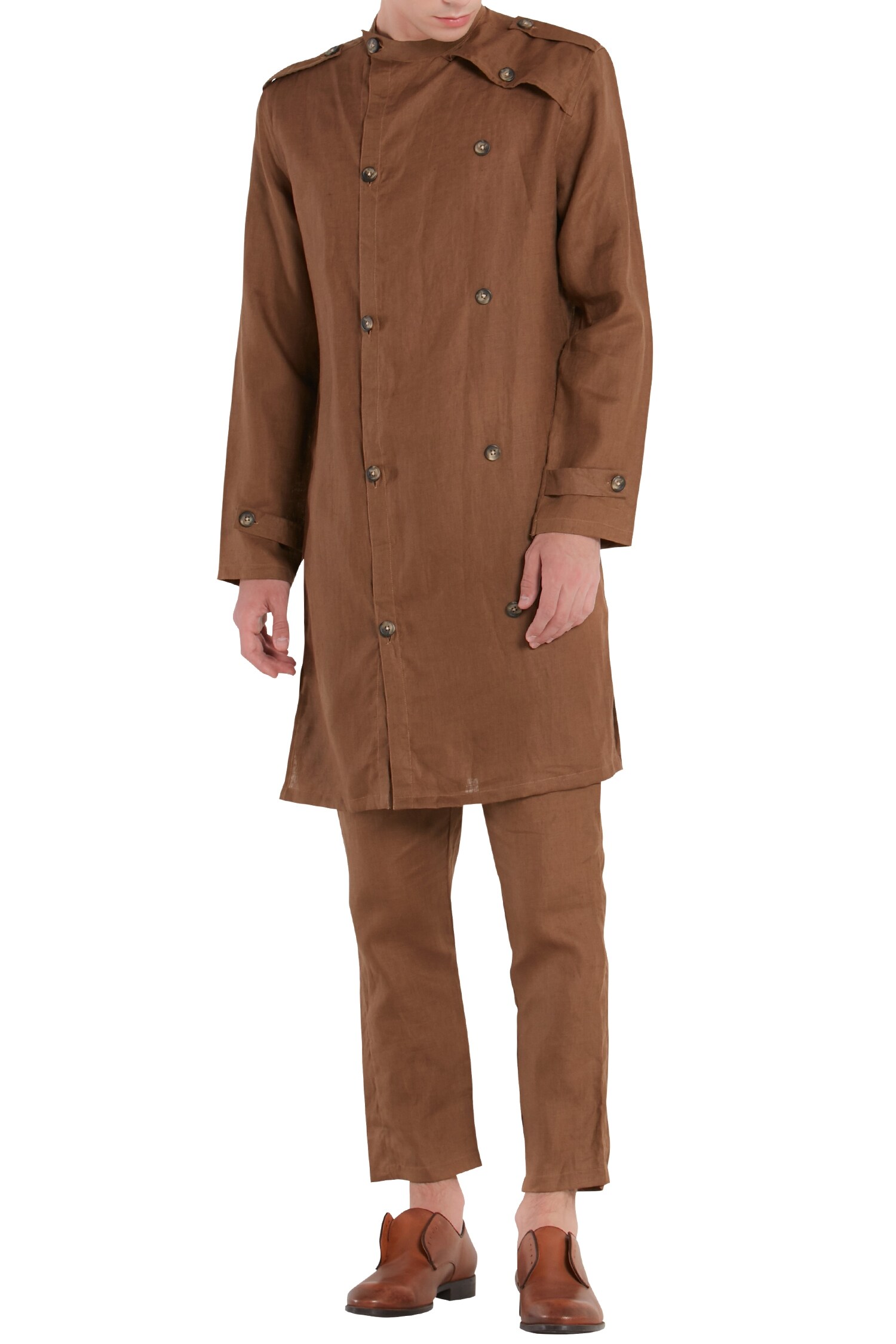Buy Brown Button Front Round Neckline Long Shacket For Men by Son of A ...