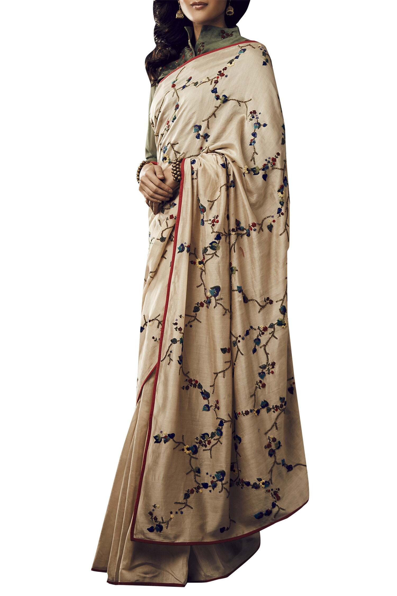 Buy Shasha Gaba Beige Embroidered Saree And Blouse Online | Aza Fashions