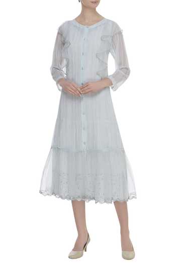 Buy Eka Blue Ruffle Detail Sheer Long Jacket Online | Aza Fashions