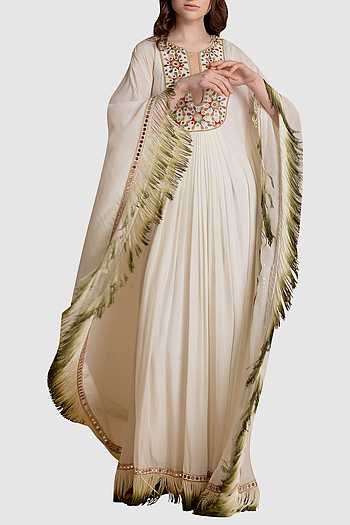 Buy Malini Ramani White Embroidered Kaftan Dress Online | Aza Fashions