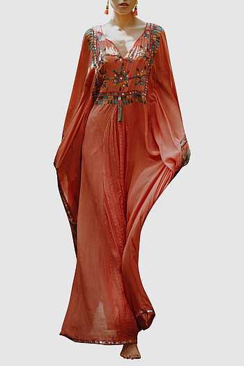 Buy Malini Ramani Peach Embroidered Kaftan Dress Online | Aza Fashions