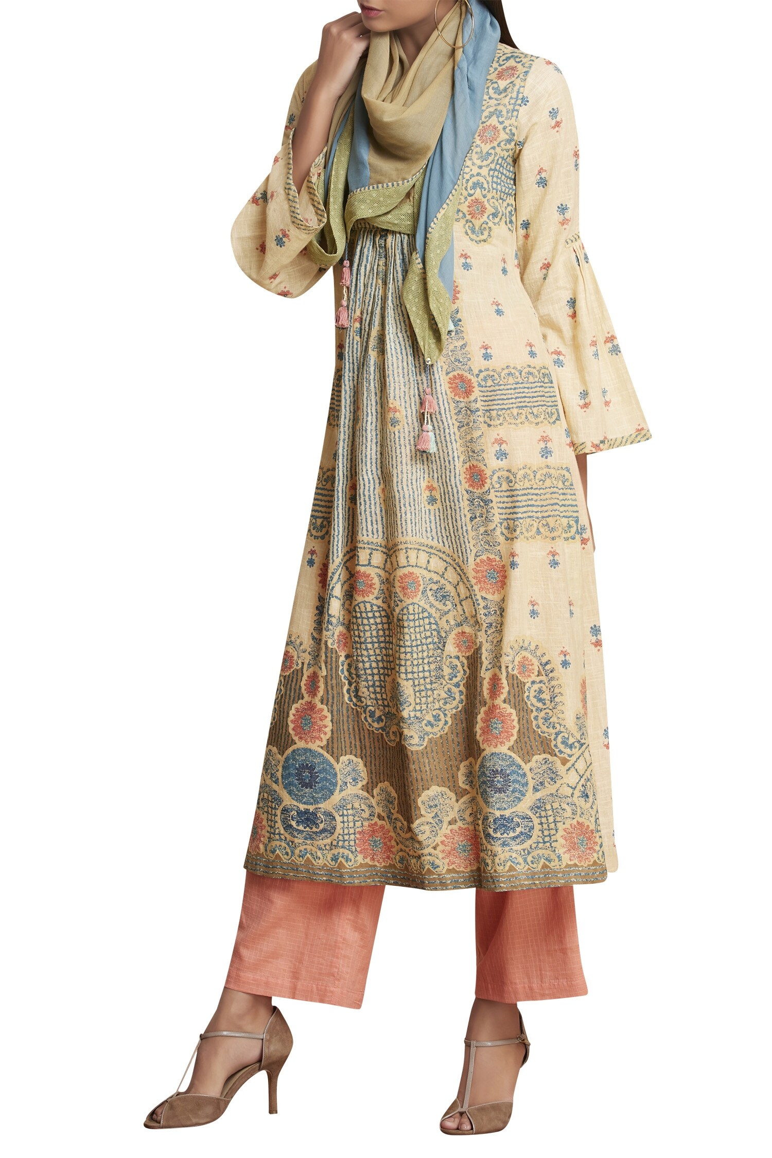 Buy Ritu Kumar Beige Printed Kurta With Pants And Scarf Online | Aza Fashions