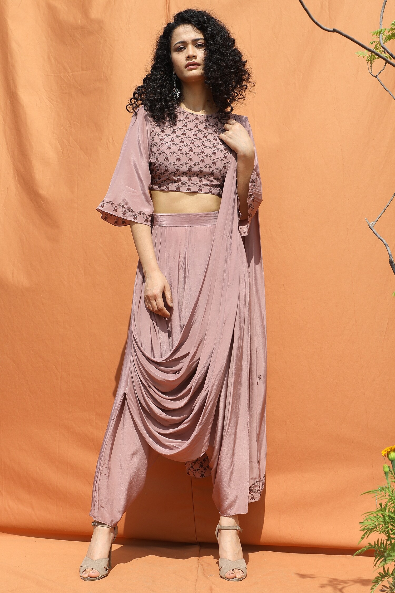 Buy Purple Cotton Georgette Round Neck Pre-pleated Pant Saree For Women ...