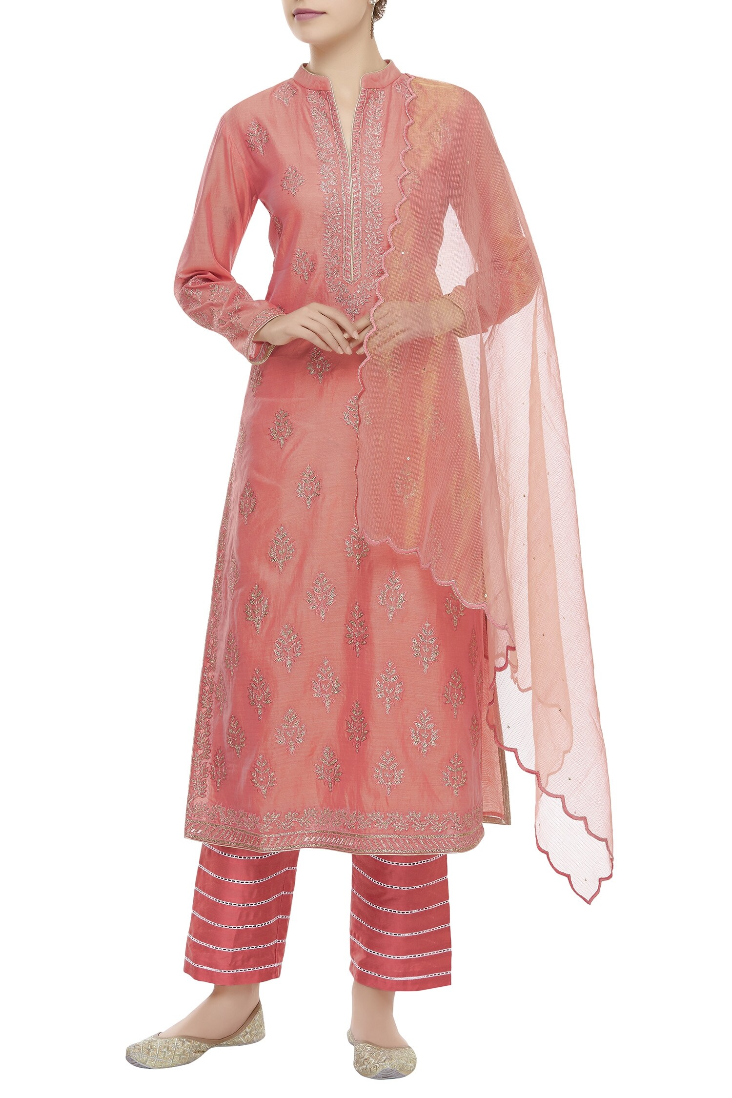 Buy Aiman Coral Silk Chanderi Embroidered Kurta Set Online | Aza Fashions