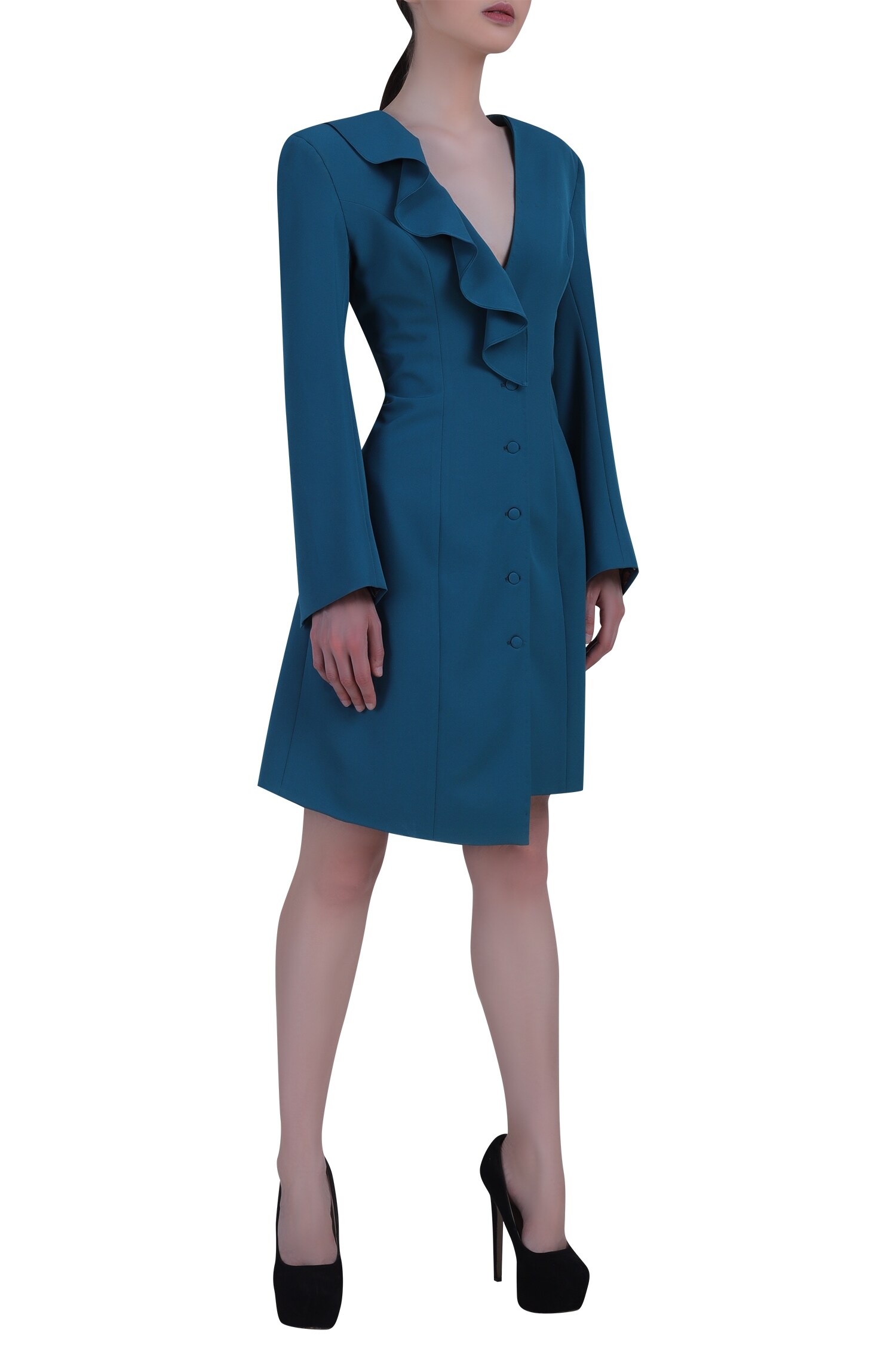 Buy Manika Nanda Blue Banana Crepe Button Front Blazer Dress Online ...
