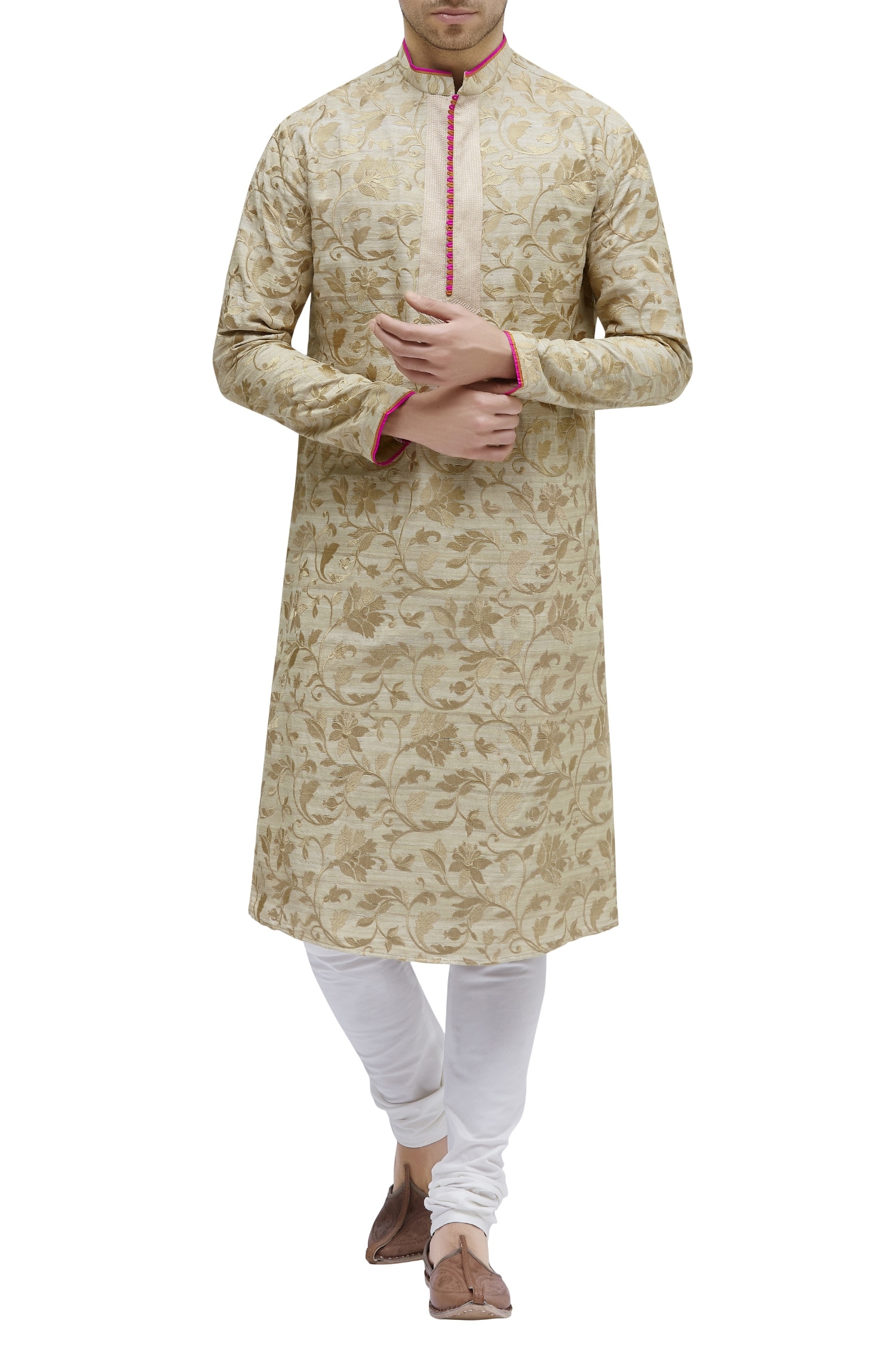Buy Paresh Lamba Beige Silk Embroidered Kurta Online | Aza Fashions