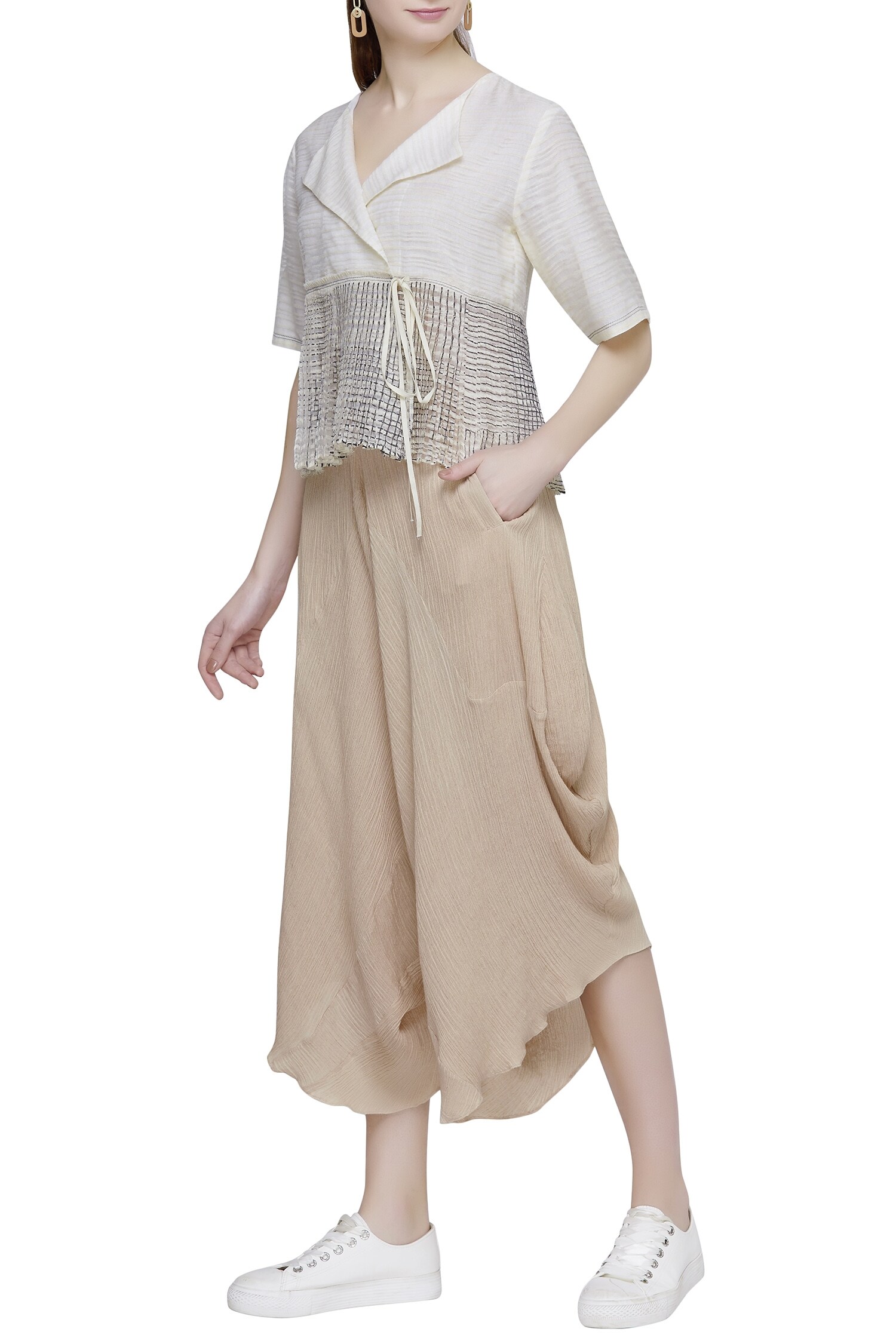 Buy Beige Viscose Cotton Draped Asymmetric Hem Pants For Women by ...