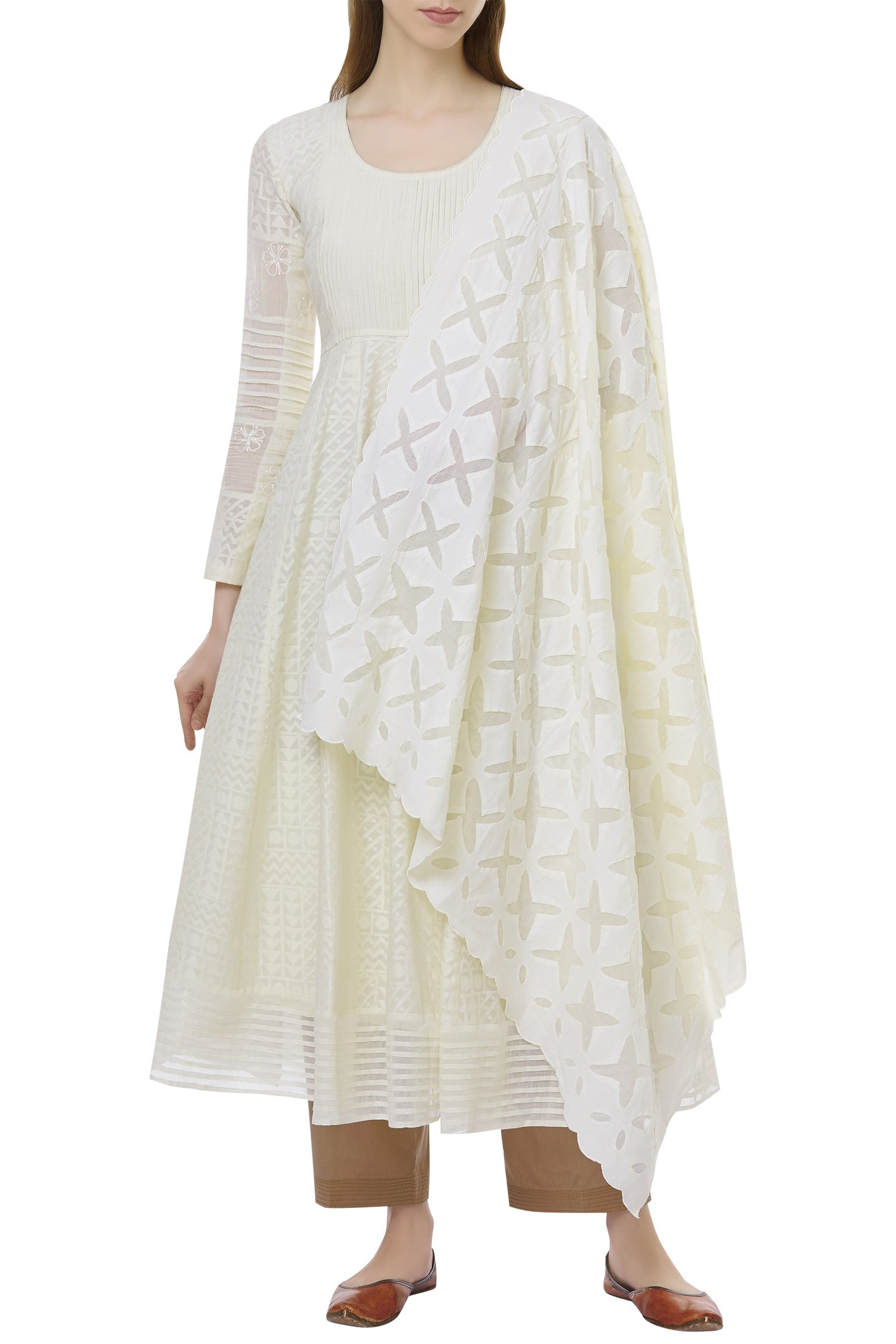 Buy Heli Shah White Chanderi Cotton Anarkali With Dupatta Online | Aza ...
