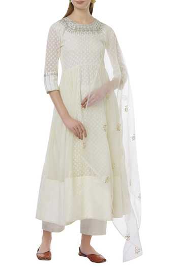 Buy Heli Shah White Chanderi Cotton Anarkali With Dupatta Online | Aza ...