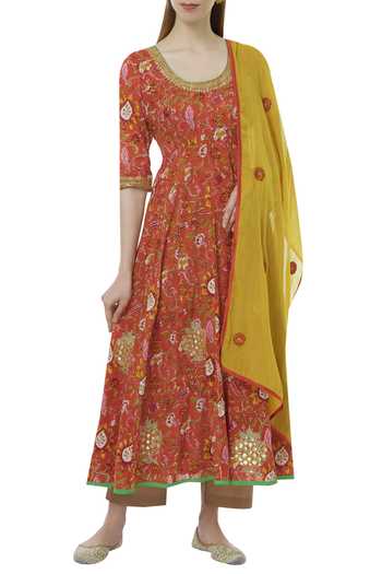 Buy Heli Shah Yellow Cotton Printed Anarkali With Dupatta Online | Aza ...