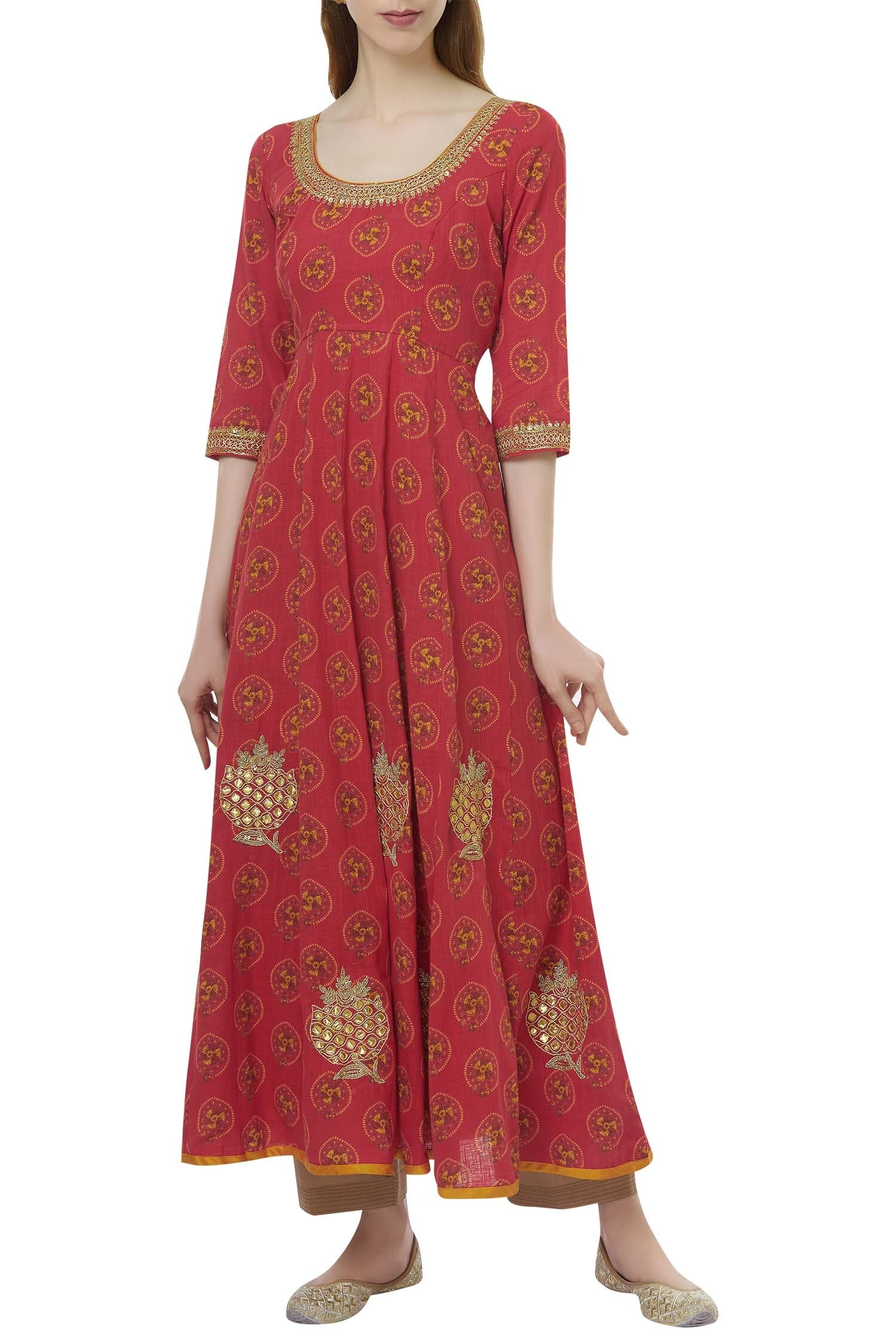 Buy Heli Shah Red Cotton Printed Anarkali Online | Aza Fashions