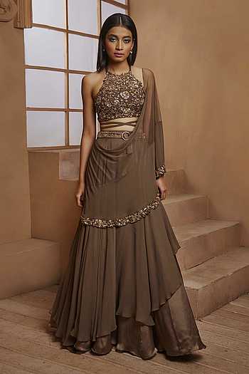Buy Green Georgette Halter Neckline Embroidered Lehenga Set For Women ...
