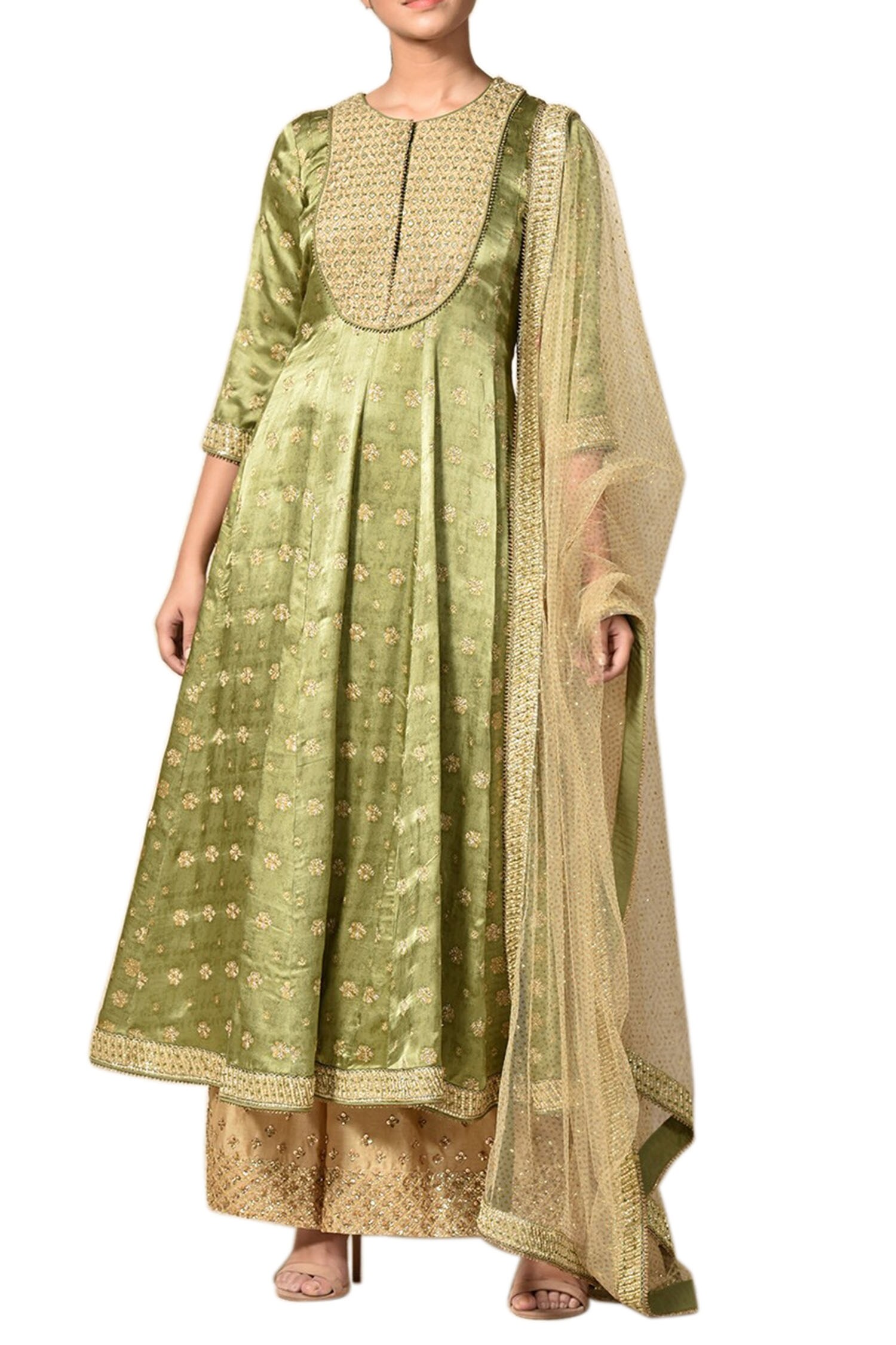 Buy RI.Ritu Kumar Beige Viscose Satin Embroidered Anarkali Set Online ...