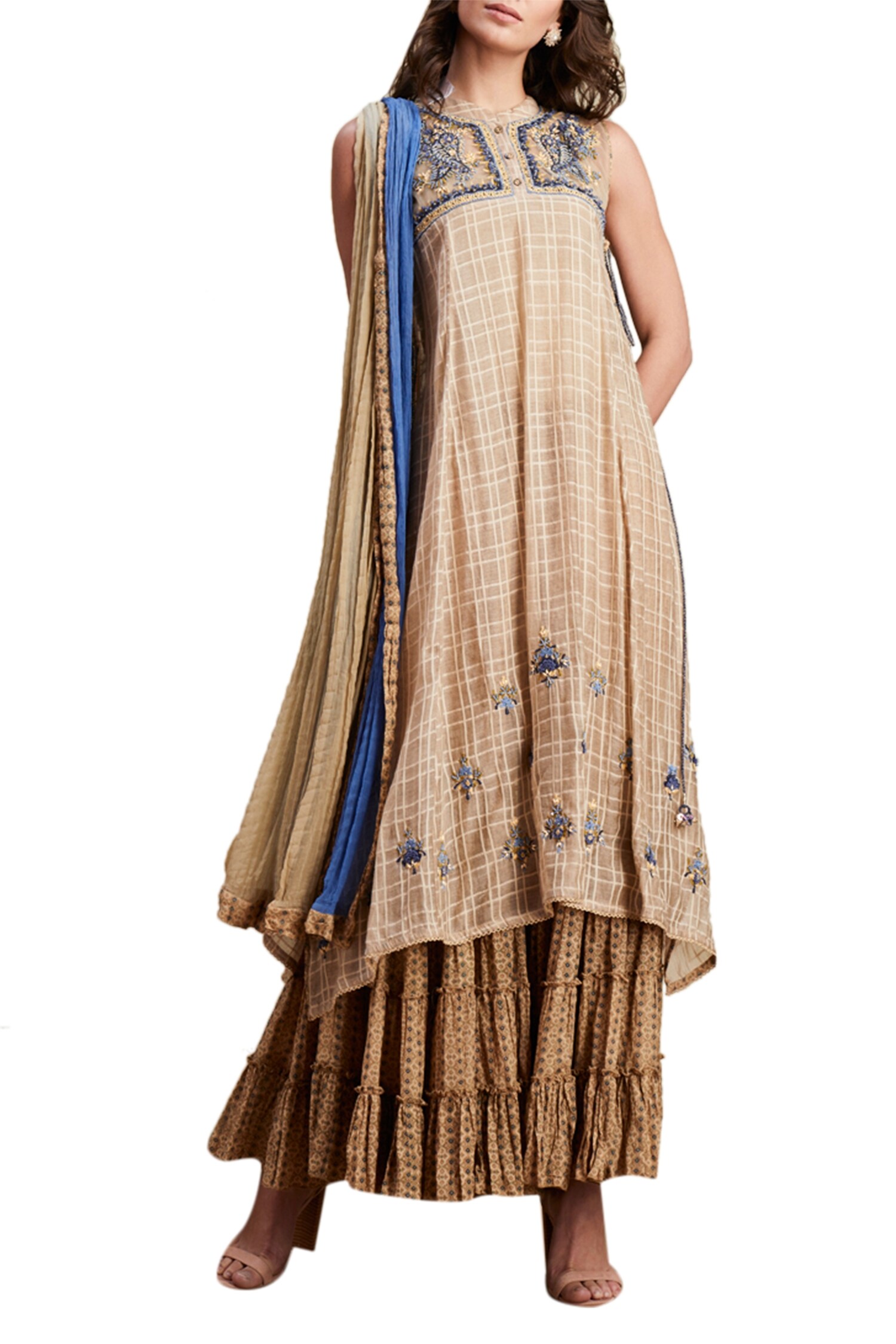 Buy Ritu Kumar Beige Chanderi Silk Embroidered Kurta And Sharara Set ...