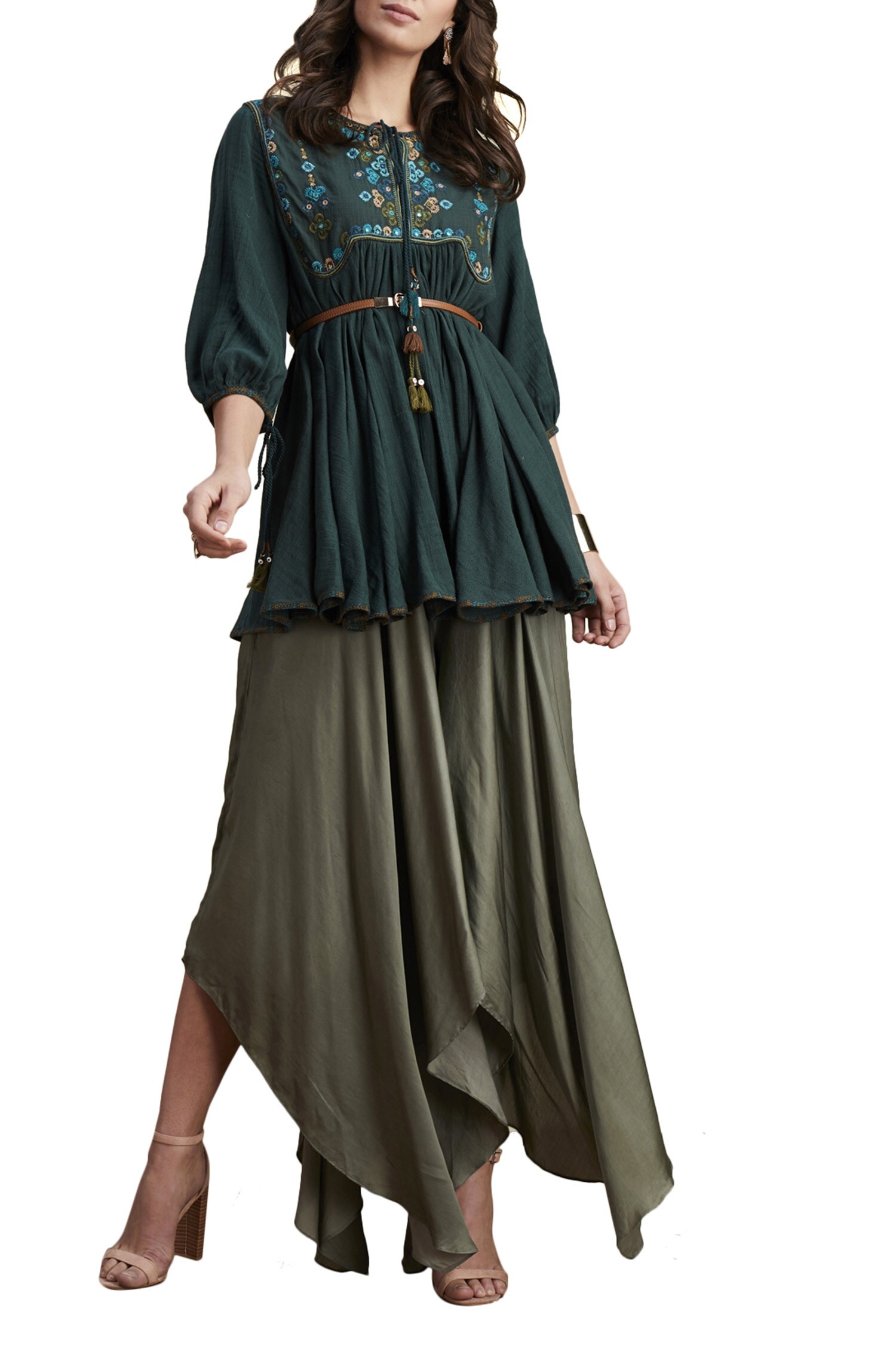 Buy Green Cotton Dobby Moss Round Embroidered Short Tunic For Women by ...