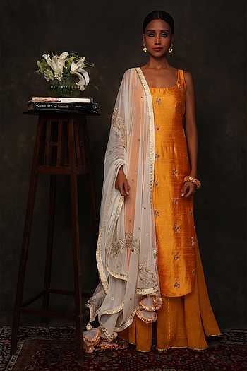 Buy Yellow Raw Silk Square Neck Embroidered Kurta Sharara Set For Women ...