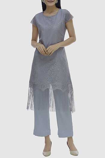 Buy Nautanky Grey Chantilly Lace Kurta Set Online | Aza Fashions