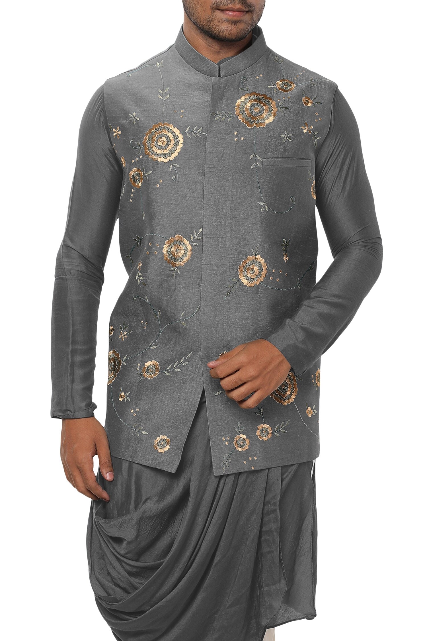 Buy Smriti by Anju Agarwal Grey Cotton Silk Draped Kurta Bundi Set ...