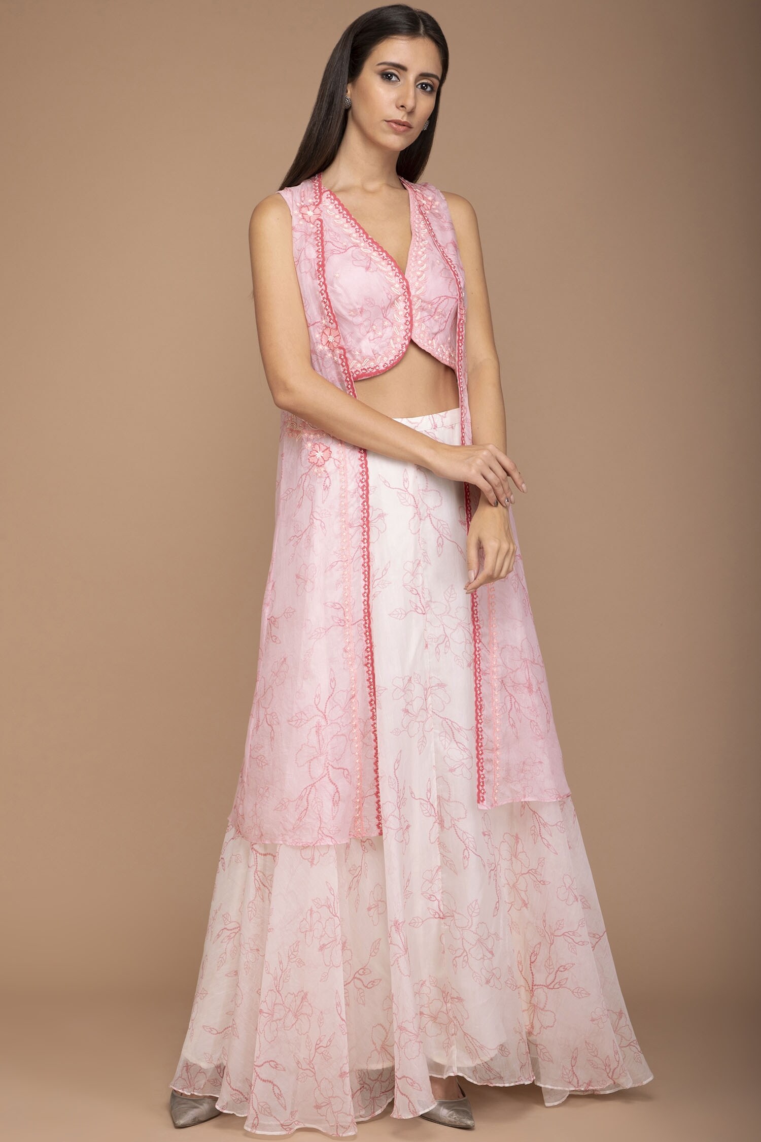 Buy Varun Bahl Pink Organza Printed Jacket And Lehenga Set Online | Aza ...