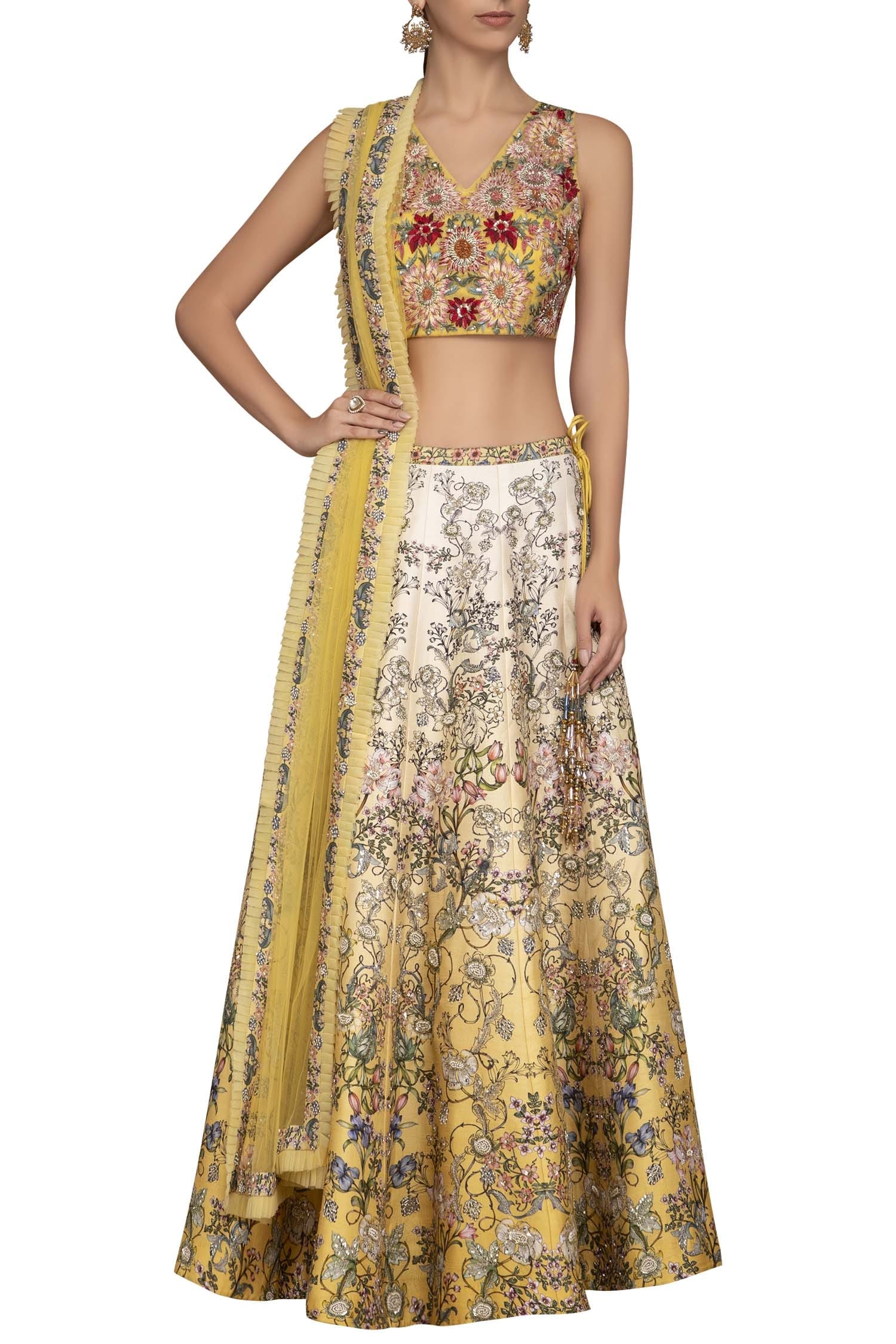 Buy Yellow Raw Silk V Neck Embroidered Lehenga Set For Women By Varun