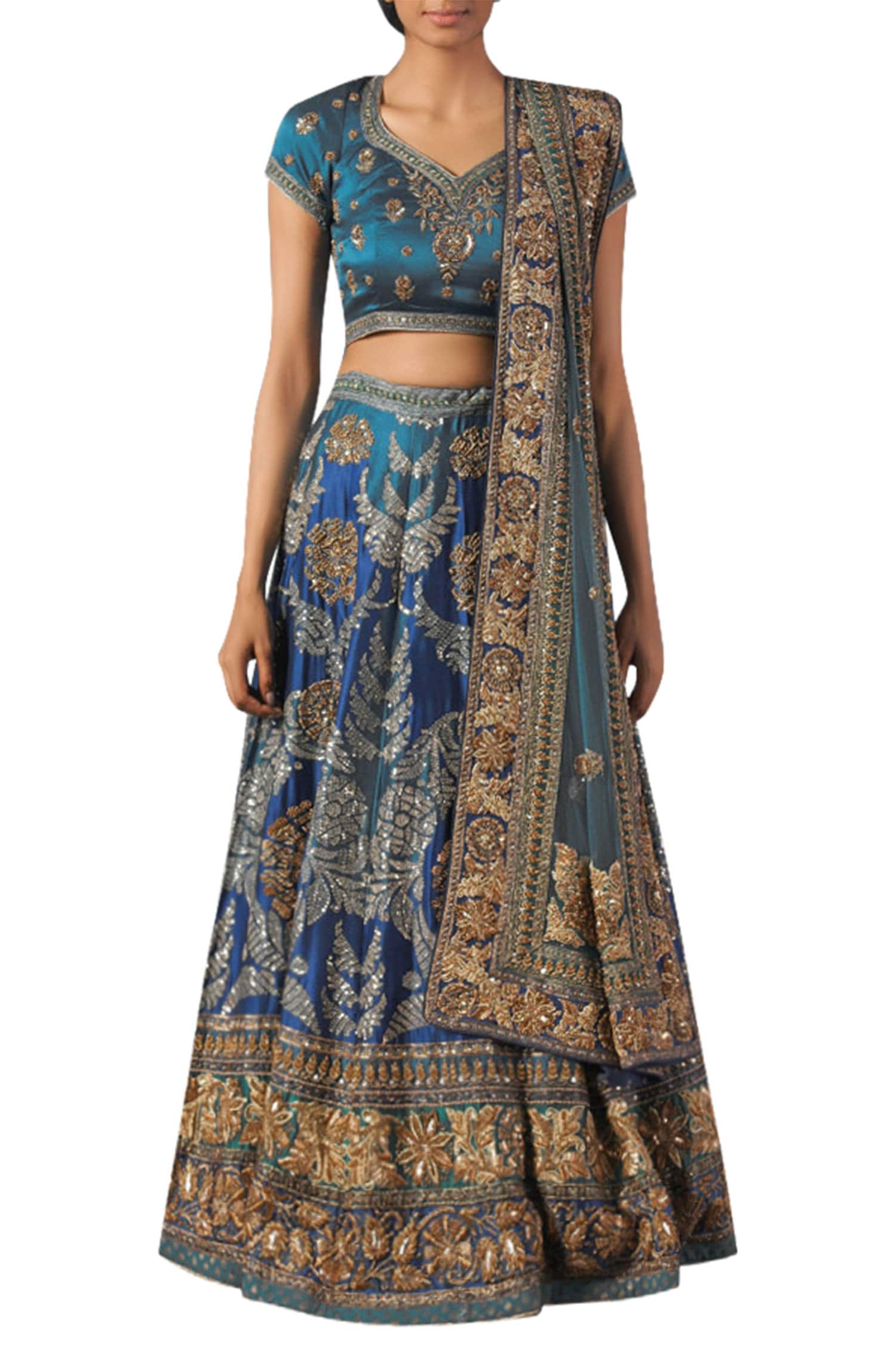 Buy Ri Ritu Kumar Blue Silk Satin Embroidered Lehenga Set Online Aza