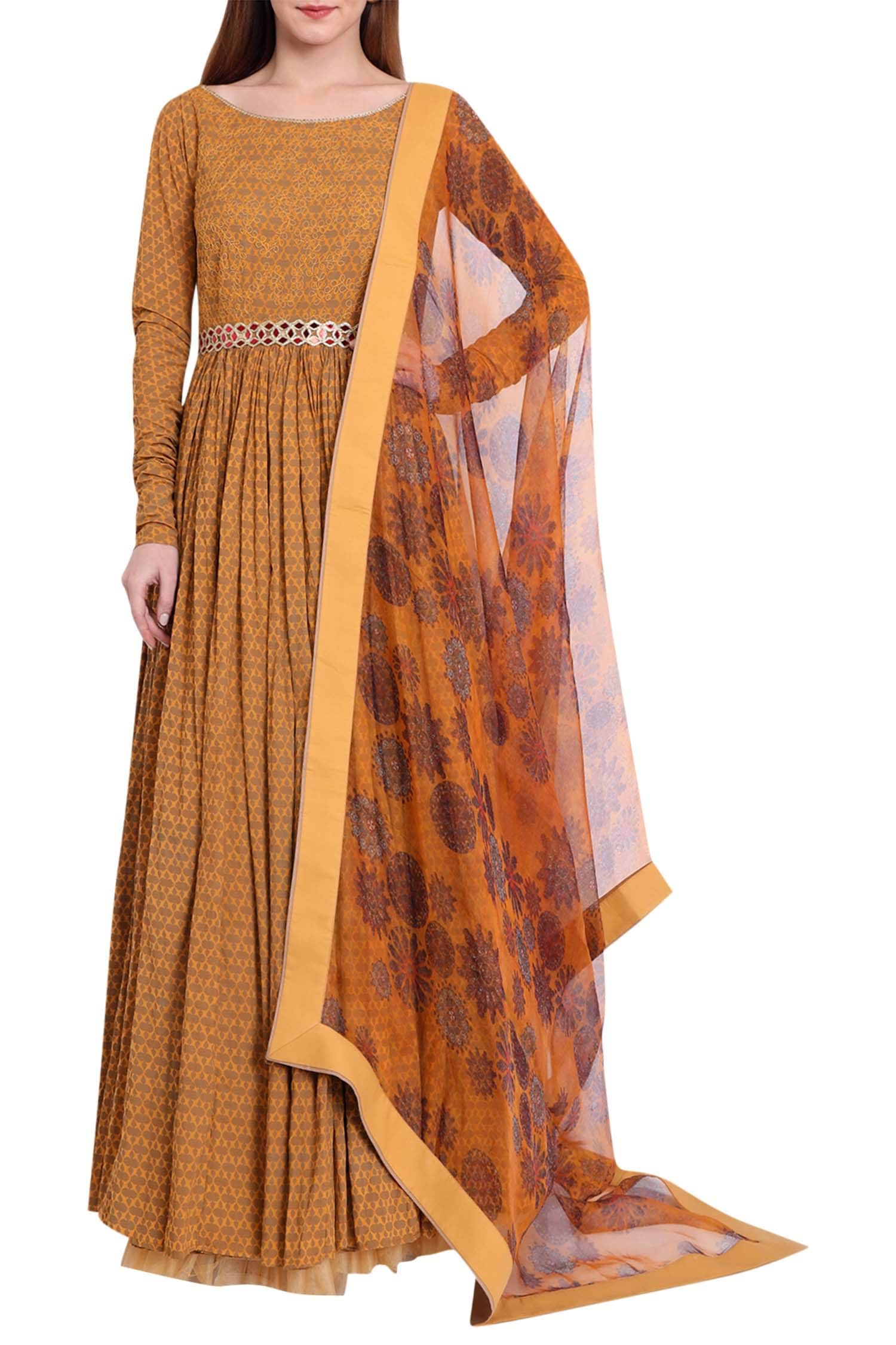 Buy Yellow Cotton Round Neck Block Print Anarkali With Dupatta For ...