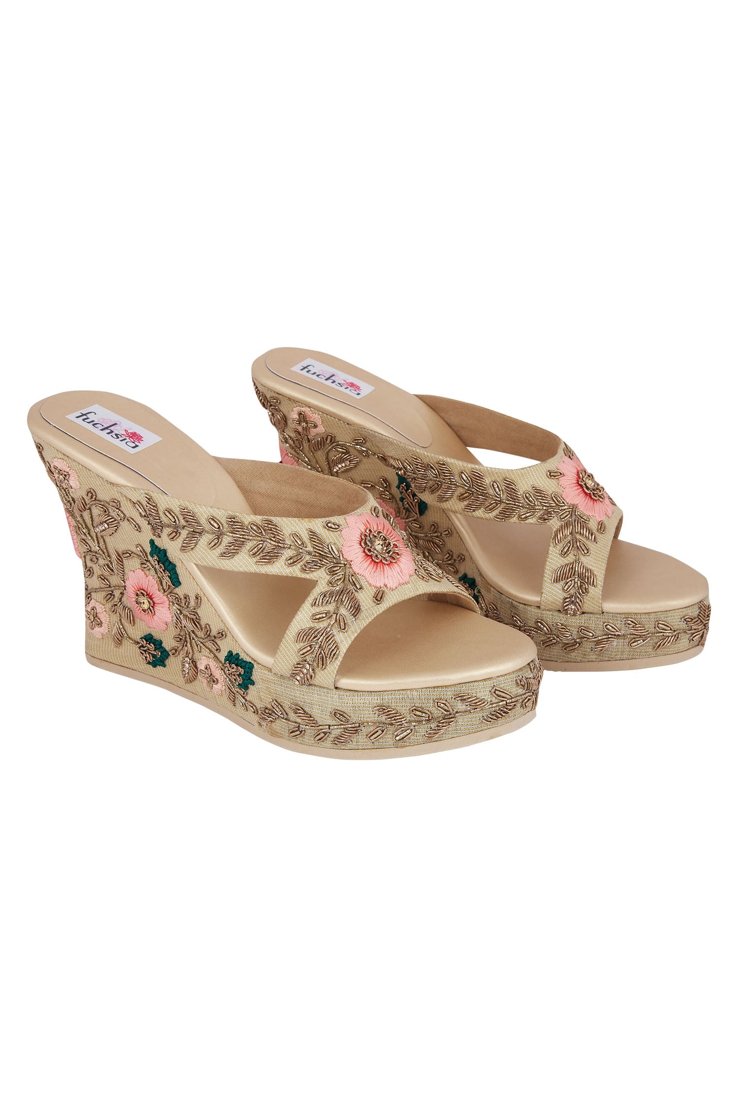 Buy Gold Embroidered Wedges by Fuchsia Online at Aza Fashions.