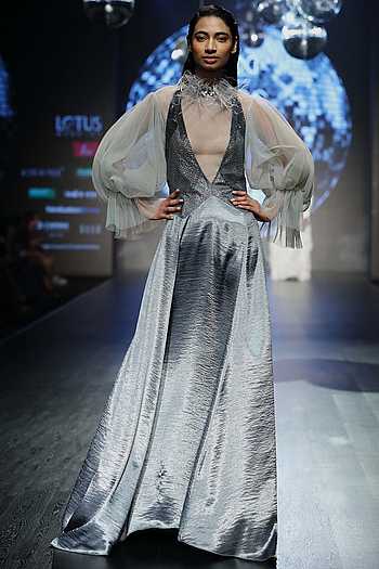 Buy Not So Serious By Pallavi Mohan Blue Satin Embellished Flared Gown ...