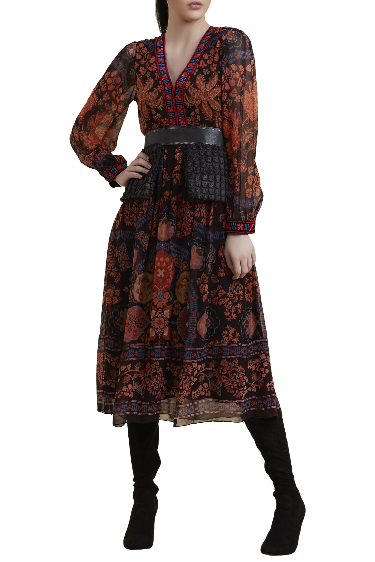 Buy Label Ritu Kumar Black Viscose Printed Midi Dress Online | Aza Fashions